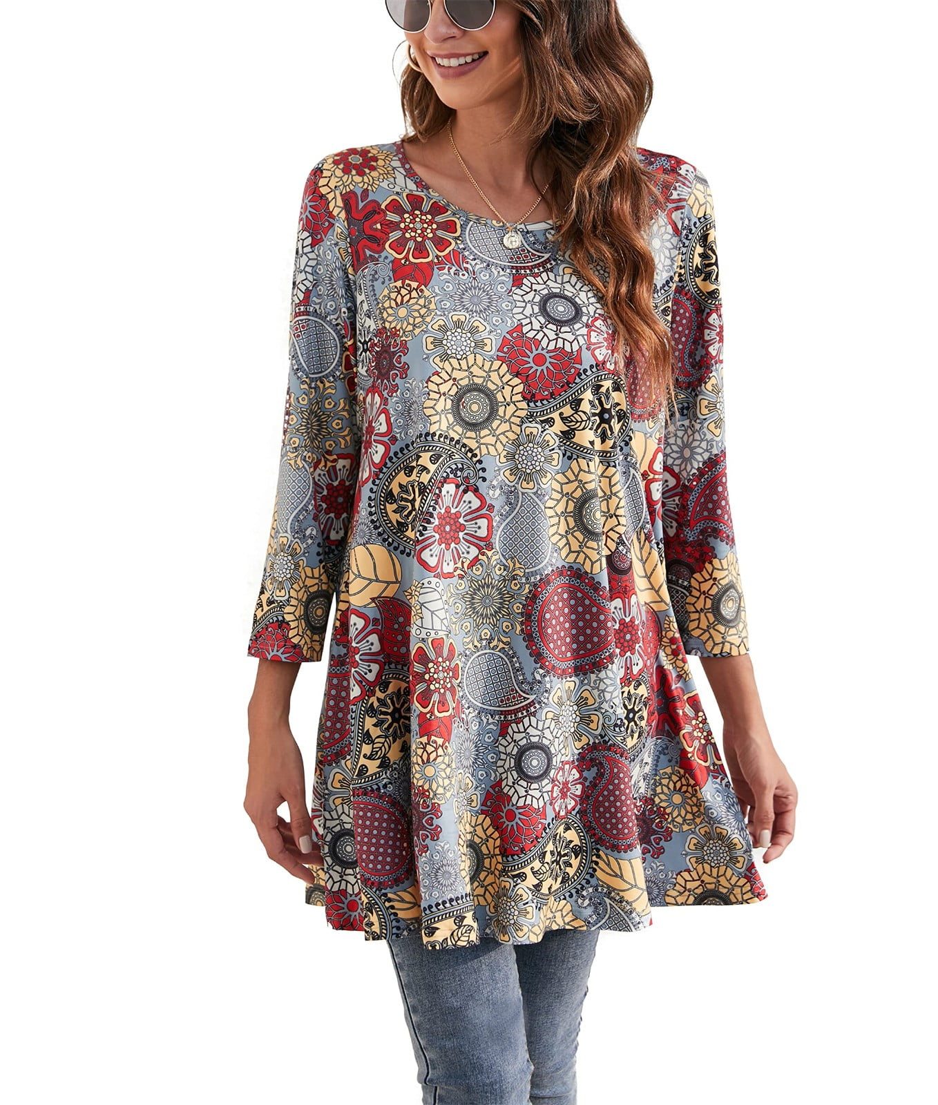 Enmain Womens Plus Size Tunic Tops 3 4 Sleeve Blouses Casual Grey