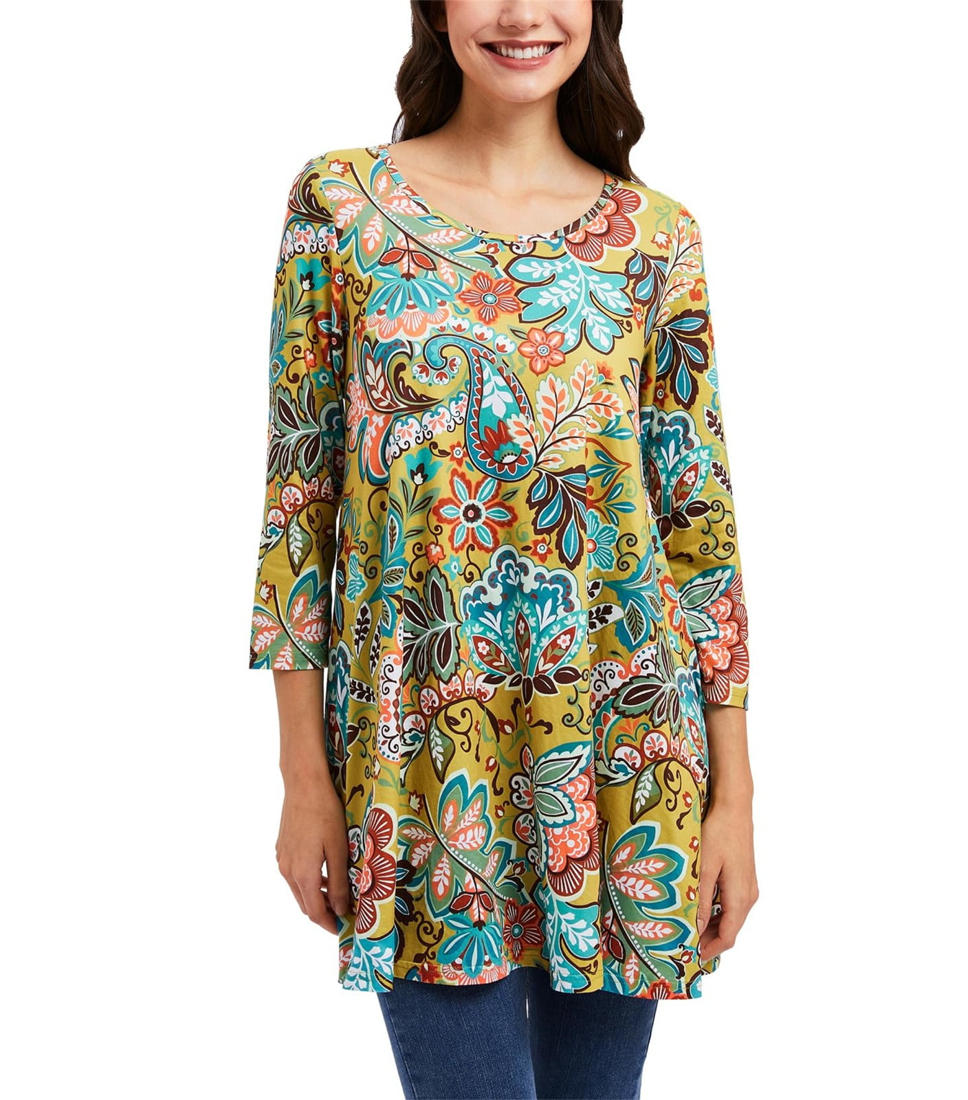 ENMAIN Womens 3/4 Sleeve Tunic Tops Yellow Floral Printed Shirts Plus ...