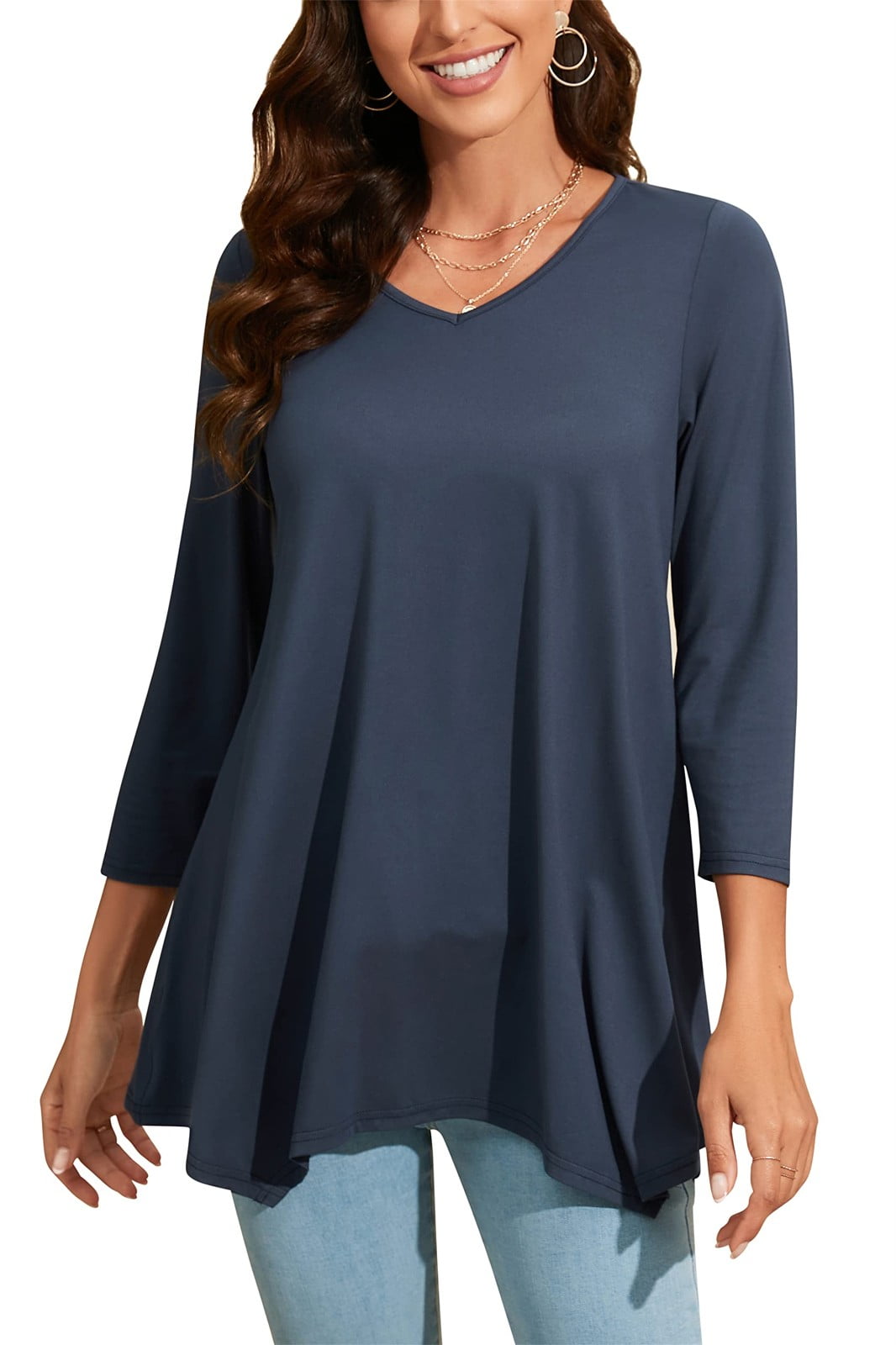 Enmain Womens Tunic Tops V Neck 3 4 Sleeve Blouse Casual Navy Blue