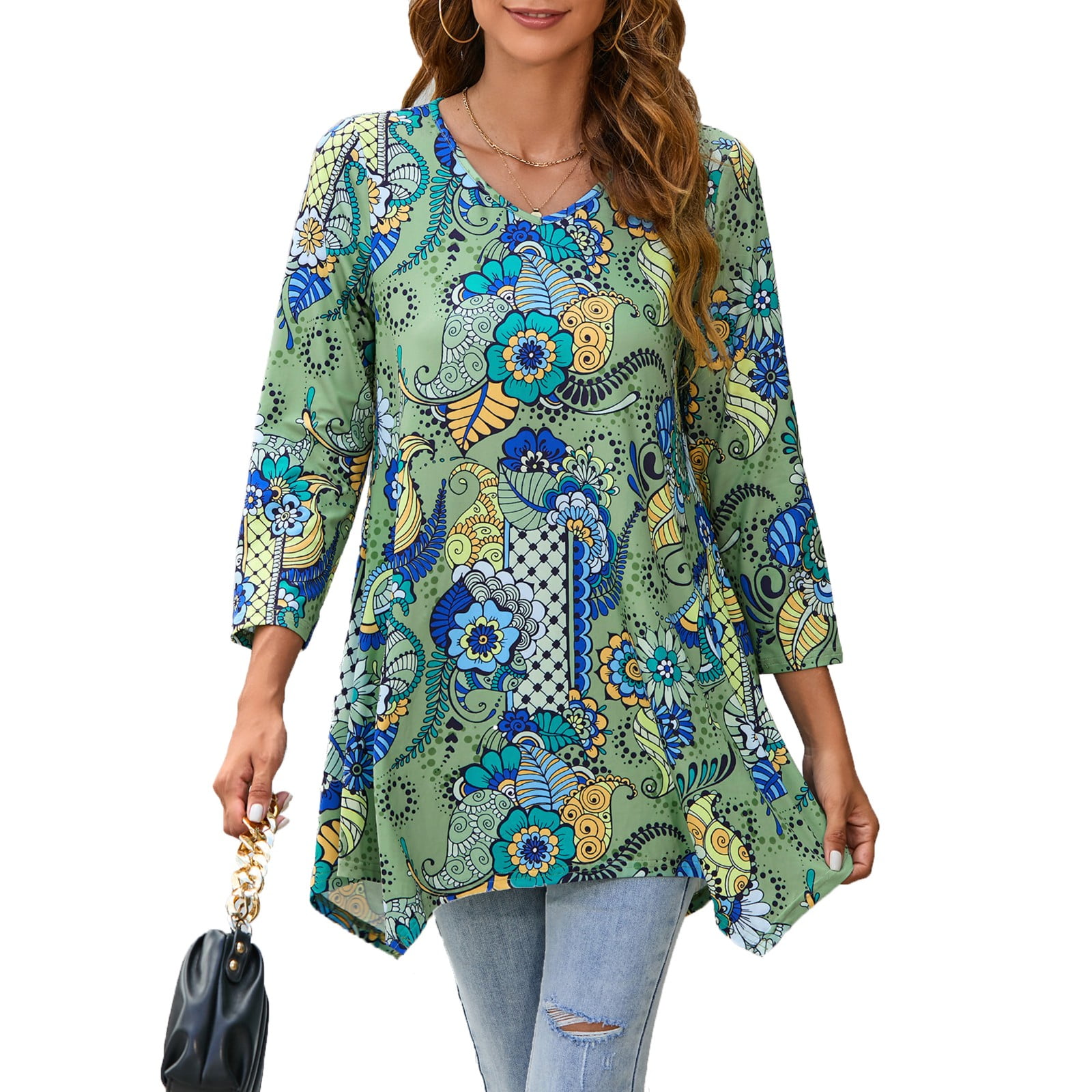 ENMAIN Womens Plus Size Tops 3/4 Sleeve Shirts V Neck Casual Green ...