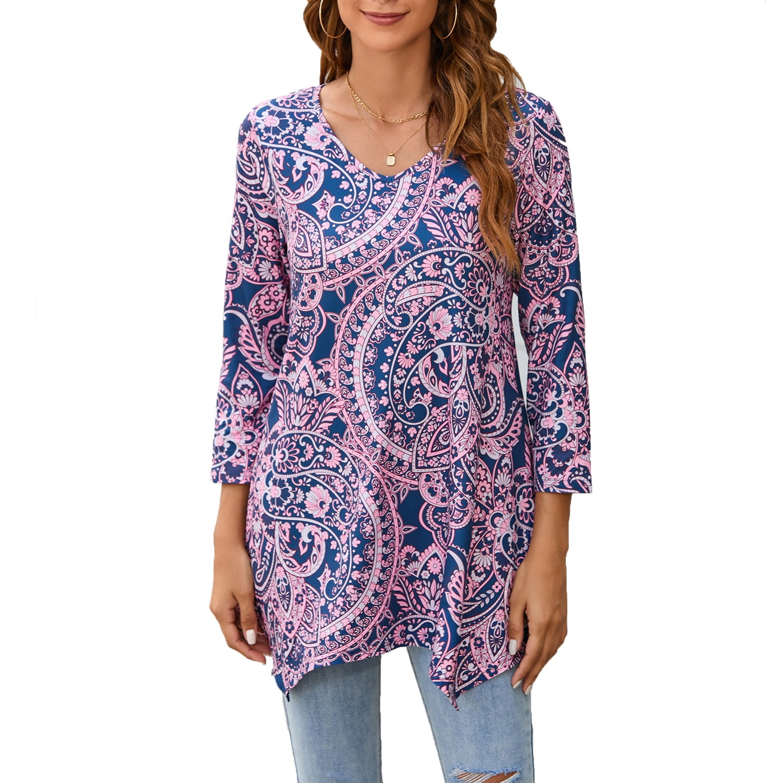 ENMAIN Womens Plus Size Tops 3/4 Sleeve Shirts V Neck Casual Pink ...