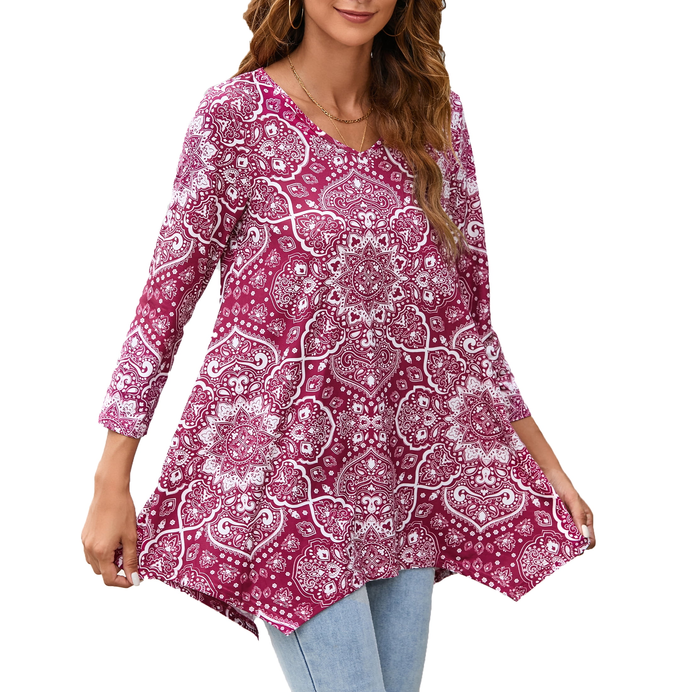 ENMAIN Womens Plus Size Fall Tops 3/4 Sleeve Casual V Neck Dressy ...