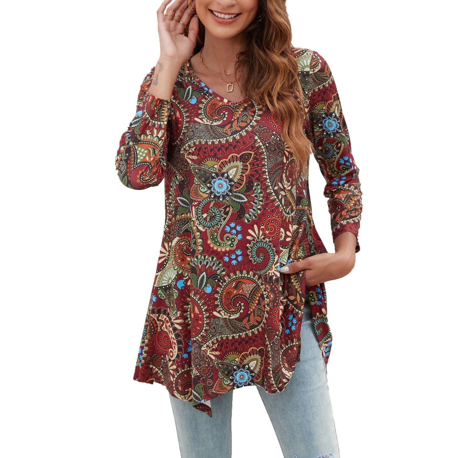 ENMAIN Women's 3/4 Sleeve Plus Size Tunic Tops Fall Floral Blouse for ...