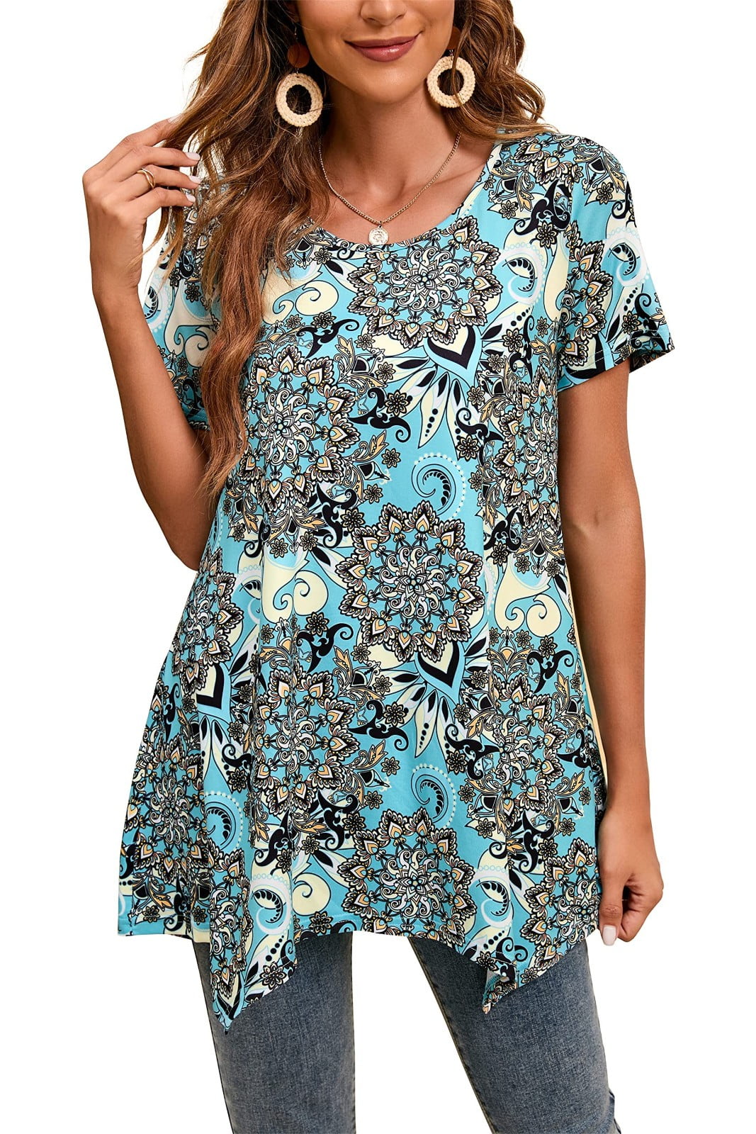 ENMAIN Womens Plus Size Tunic Tops Short Sleeve Casual Shirts Loose Fit ...