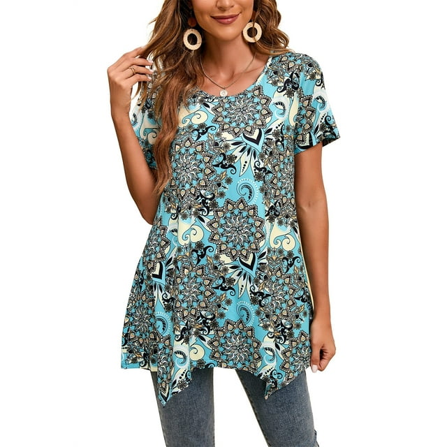 ENMAIN Womens Plus Size Tunic Tops Short Sleeve Casual Shirts Loose Fit ...