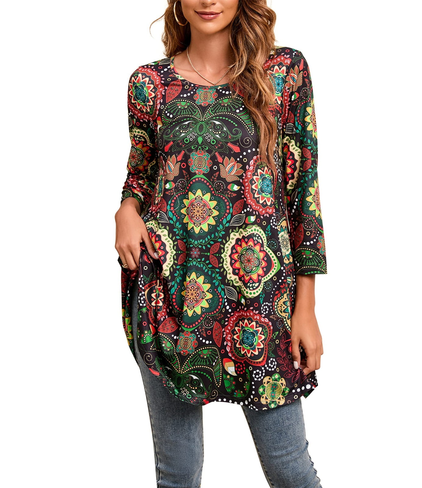 Enmain Womens Tunic Tops 3 4 Sleeve Green Floral Blouses Casual Dressy