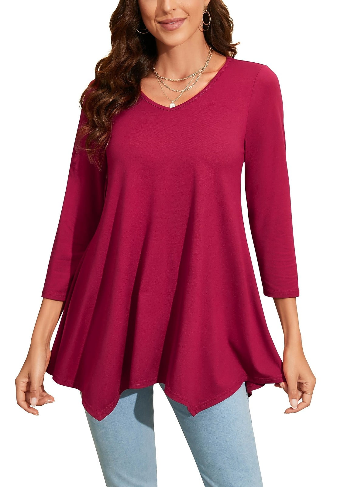 ENMAIN Womens Tunic Tops V Neck 3/4 Sleeve Blouses Casual Red Shirts ...