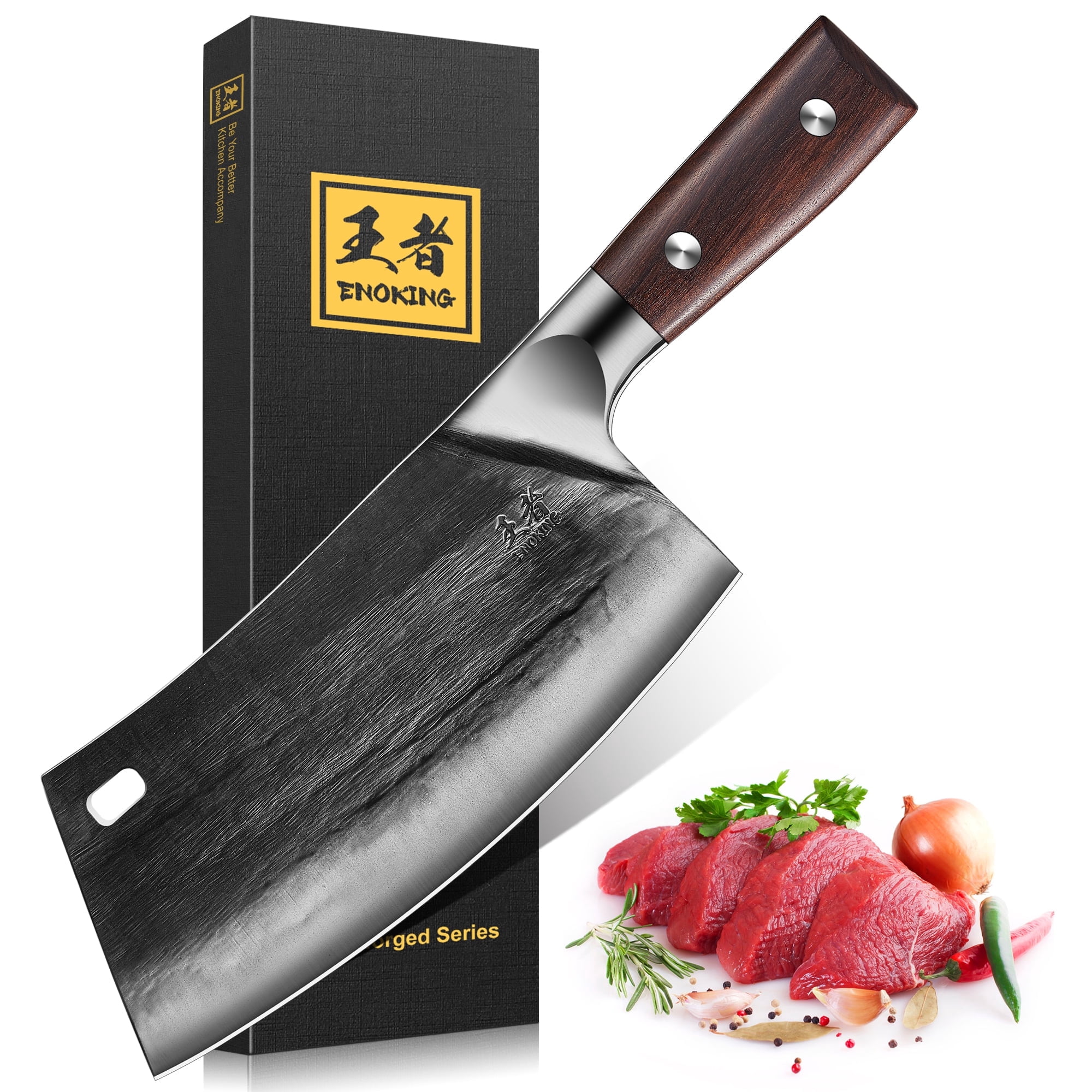 ENOKING 7.7" Meat Cleaver Forged Serbian Chef Knife, High Carbon Steel Vegetable Butcher Knife ...