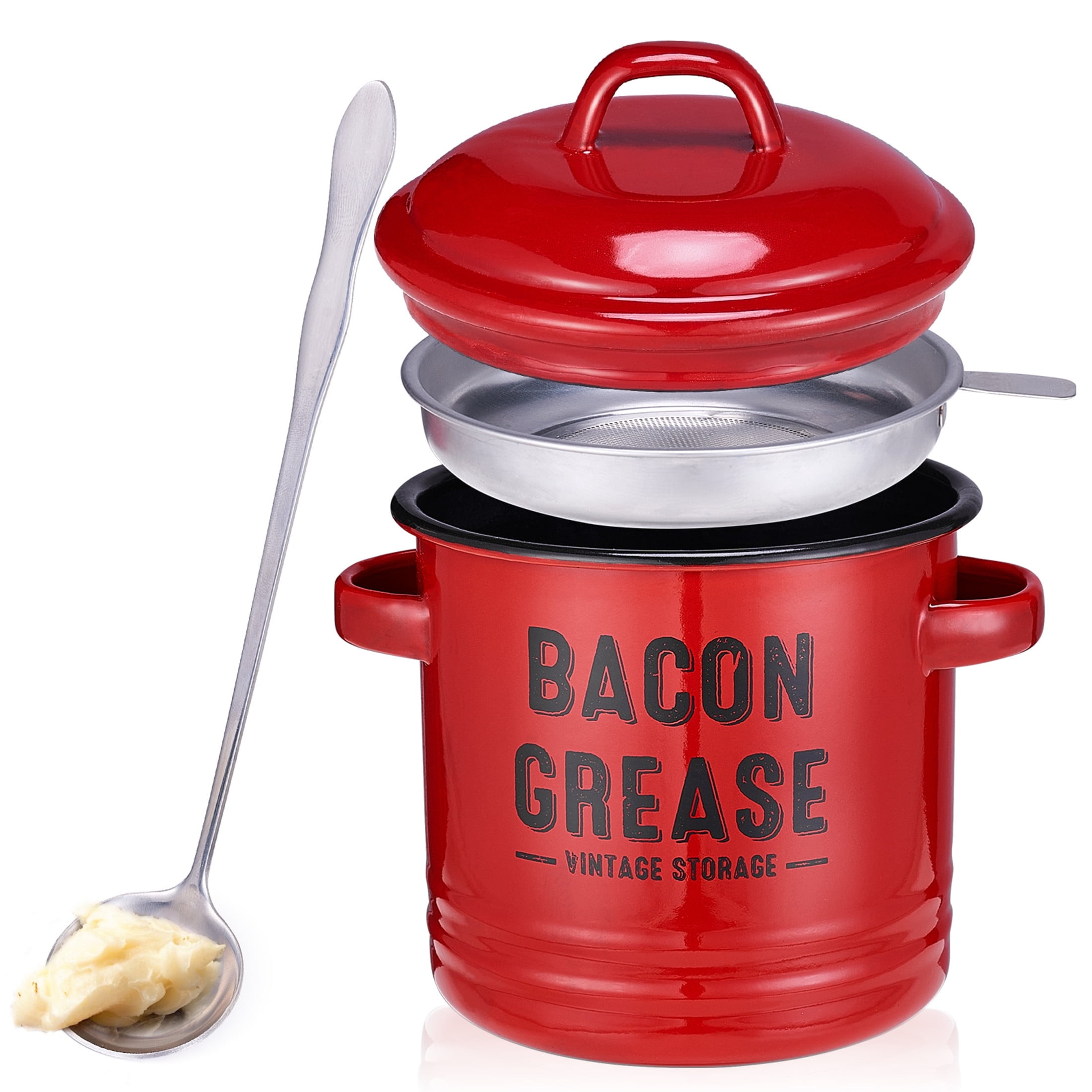 ENOKING Bacon Grease Container, Red Enamel 46oz Grease Keeper with ...
