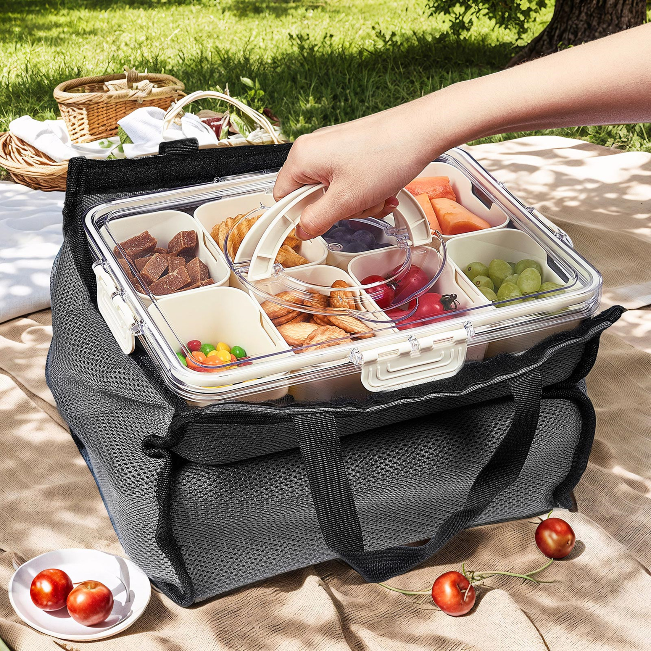 ENOKING Divided Snack Serving Tray with Lid and Handle, Plastic ...