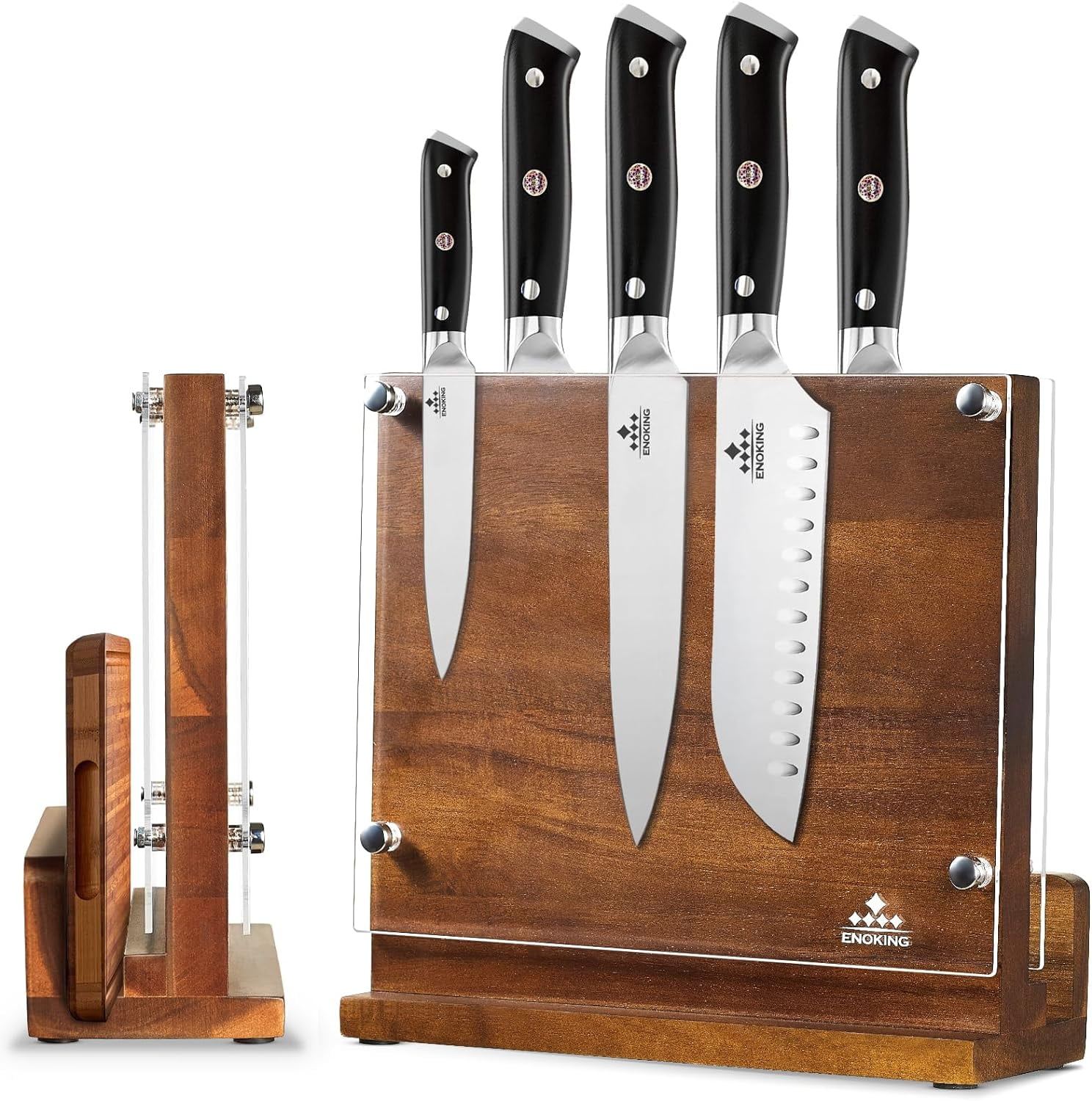 ENOKING Magnetic Knife Block with Acrylic Shield, Wood Double Side ...