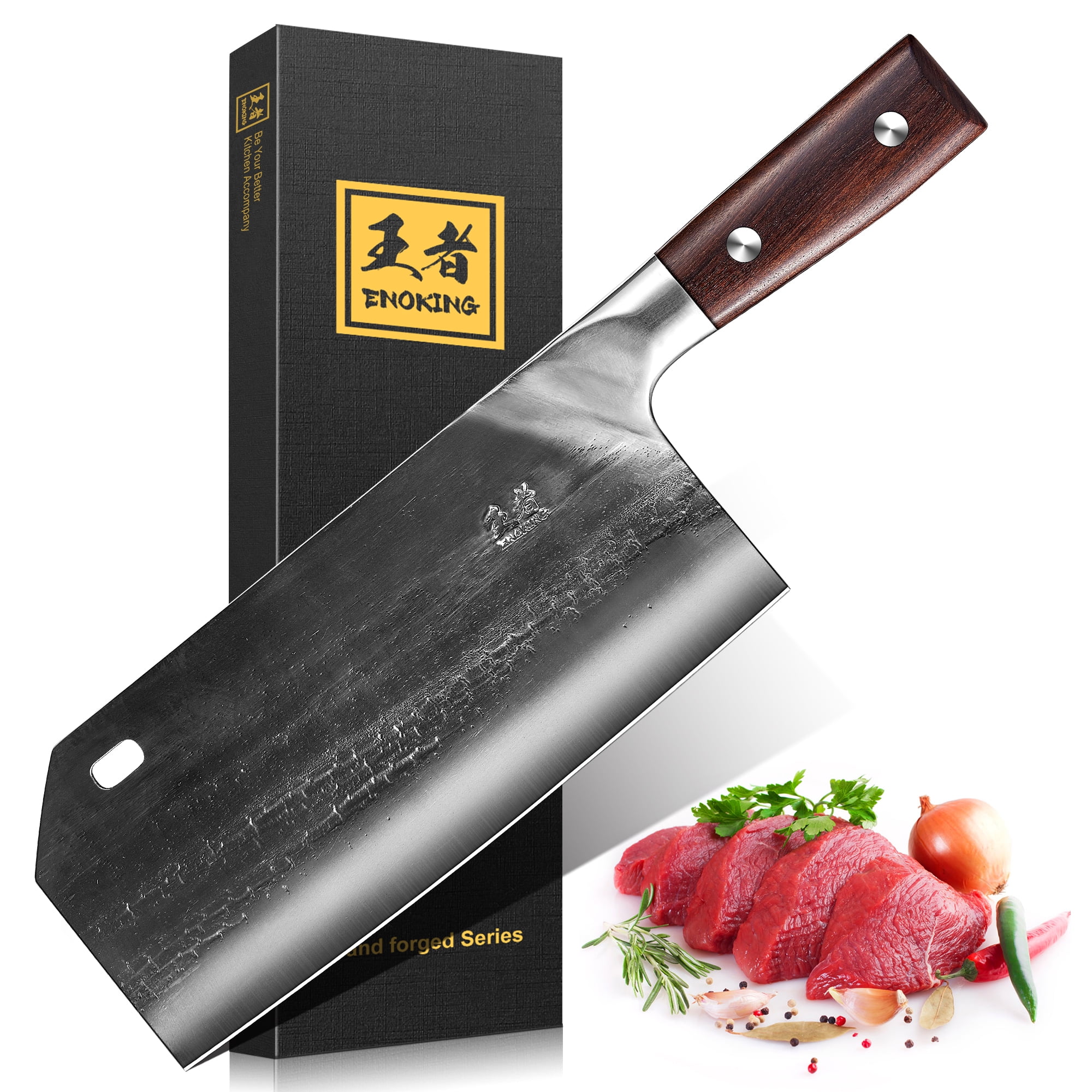ENOKING Meat Cleaver Butcher Knife, 8.1" Hand Forged Chopping Butcher ...