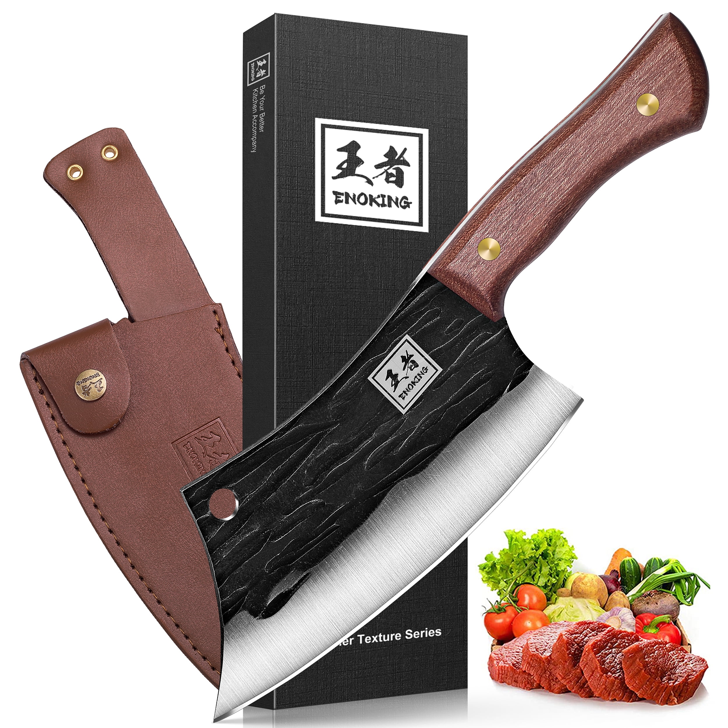 ENOKING Meat Cleaver Hand Forged Chef Knife Carbon Steel Chopping ...