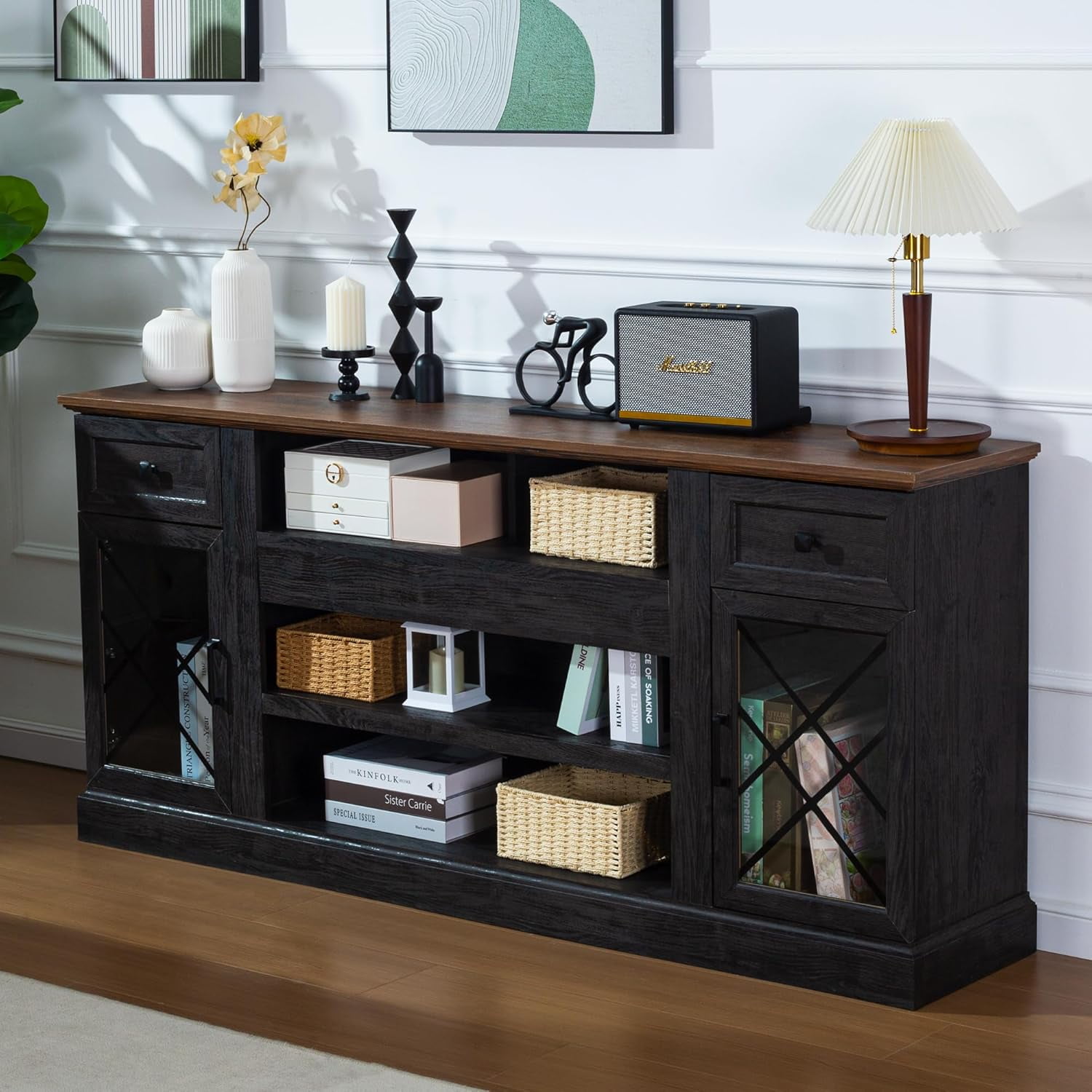 ENOUSHU 70 inch Farmhouse TV Stand for 80 inch TV, Modern Entertainment ...