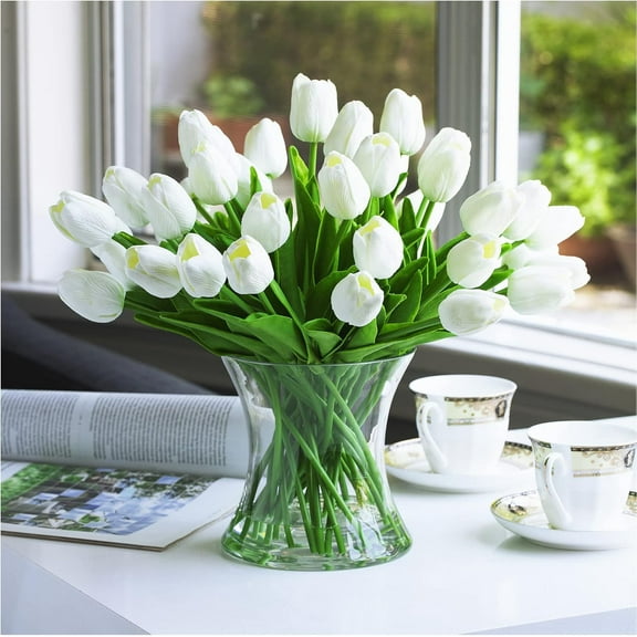 20 Pcs Artificial Real Touch Tulips Flowers in Glass Vase, Orange Tulip ...