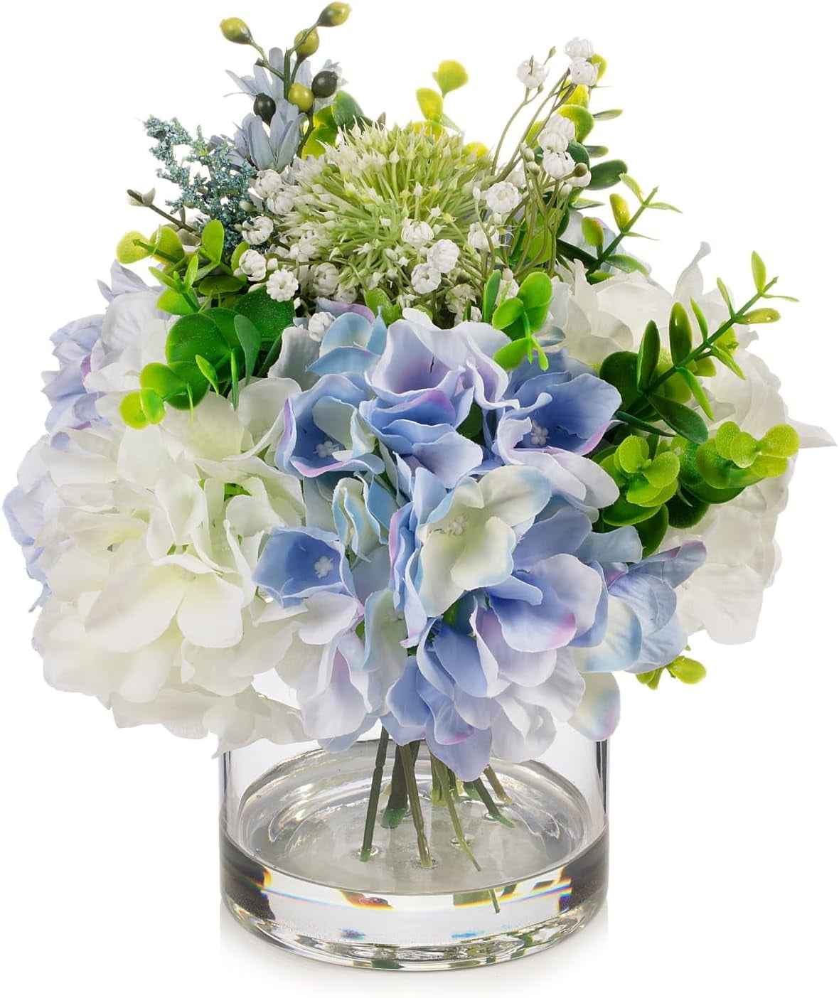ENOVA FLORAL Artificial Hydrangea Flowers in Vase, Mixed White and Blue ...