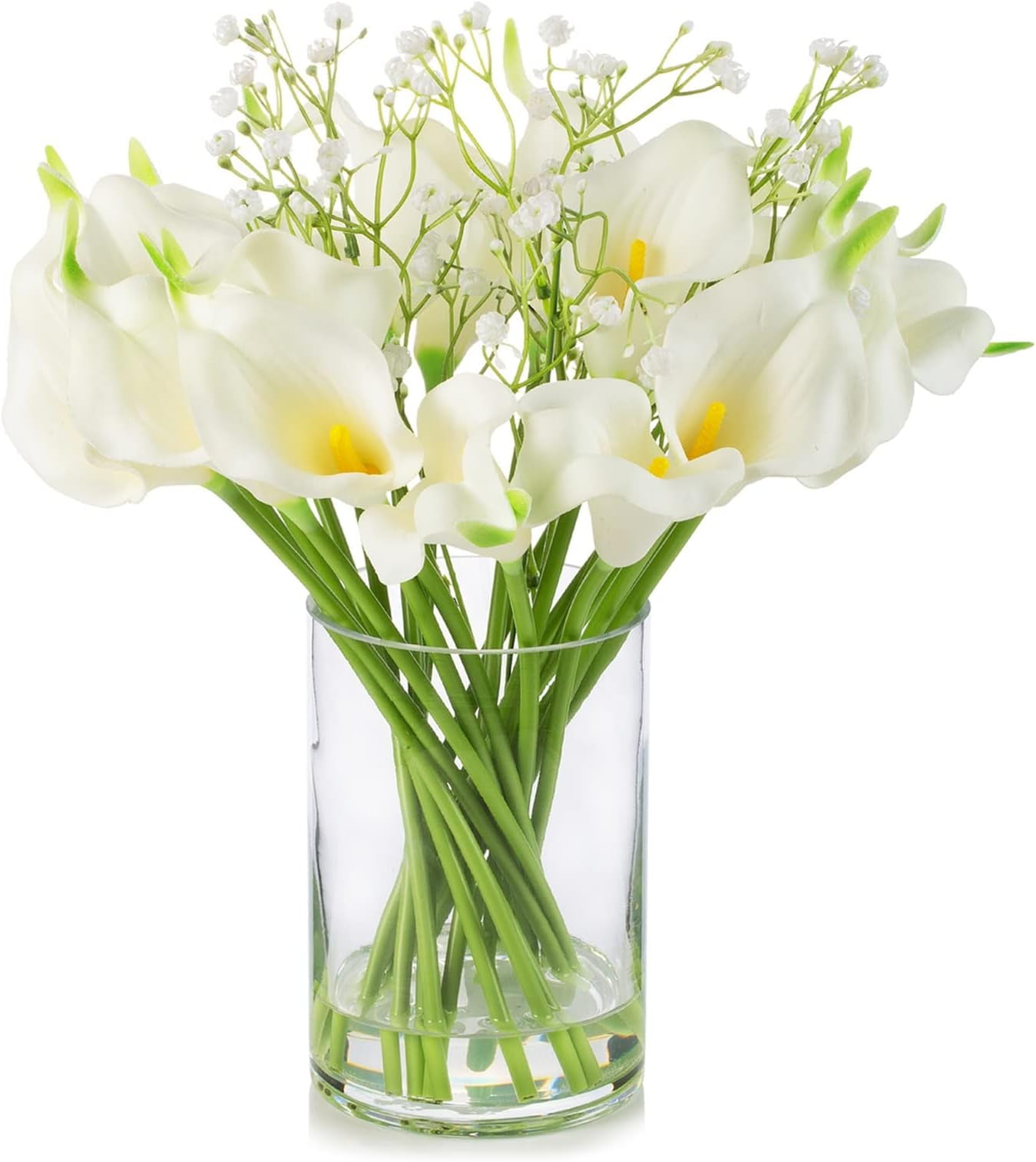 ENOVA FLORAL Calla Lilies Artificial Flowers in Glass Vase, Mixed Faux ...
