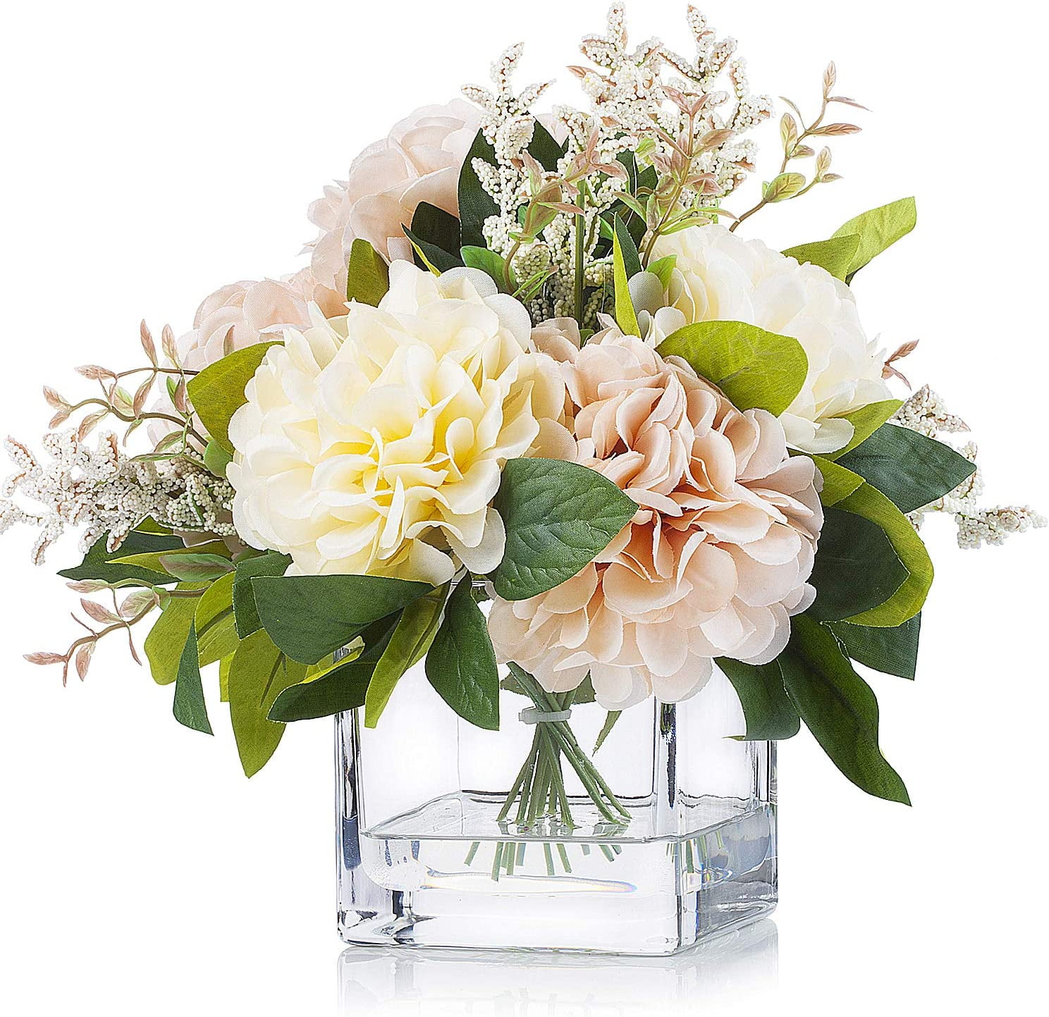 ENOVA HOME Artificial Silk Dahlia Flower Arrangements in Cube Glass ...