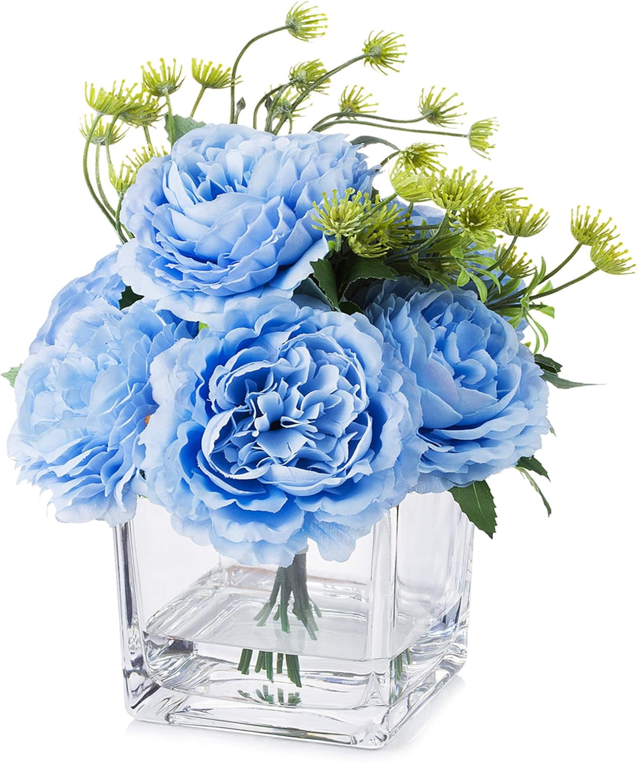 ENOVA HOME Mixed Silk Peony Flower in Cube Glass Vase with Faux Water ...