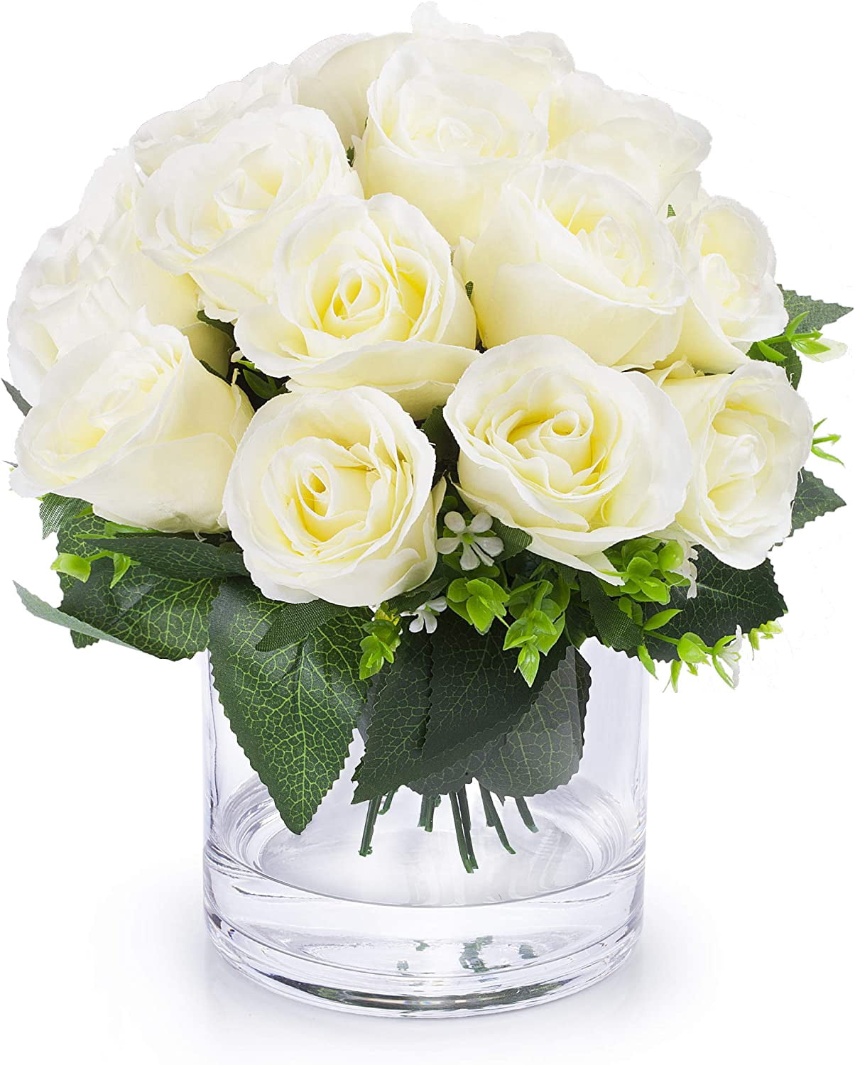 ENOVA HOME Silk Open Rose Flower Arrangement in Clear Glass Vase with ...