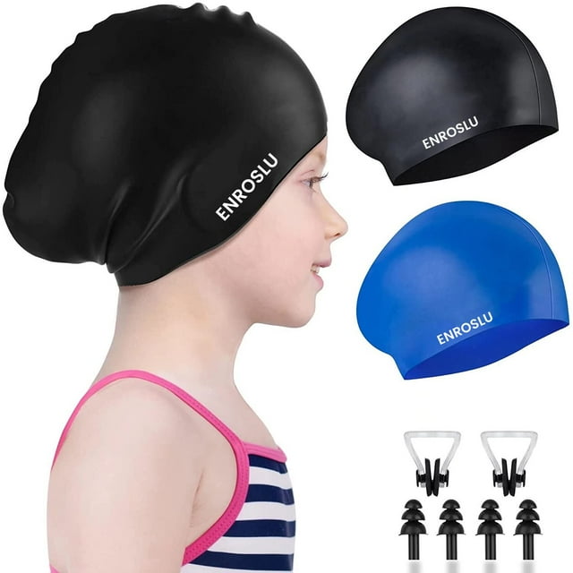 ENROSLU Kids Swim Caps 2 Pack, Durable Silicone, Waterproof Protection ...