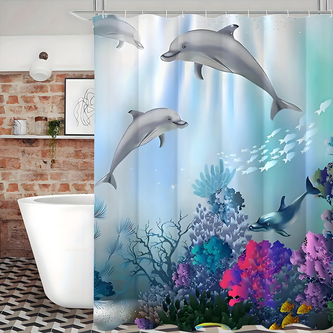 ENSHUI 1PC Blue Dolphins Shower Curtain Set, Waterproof Polyester ...