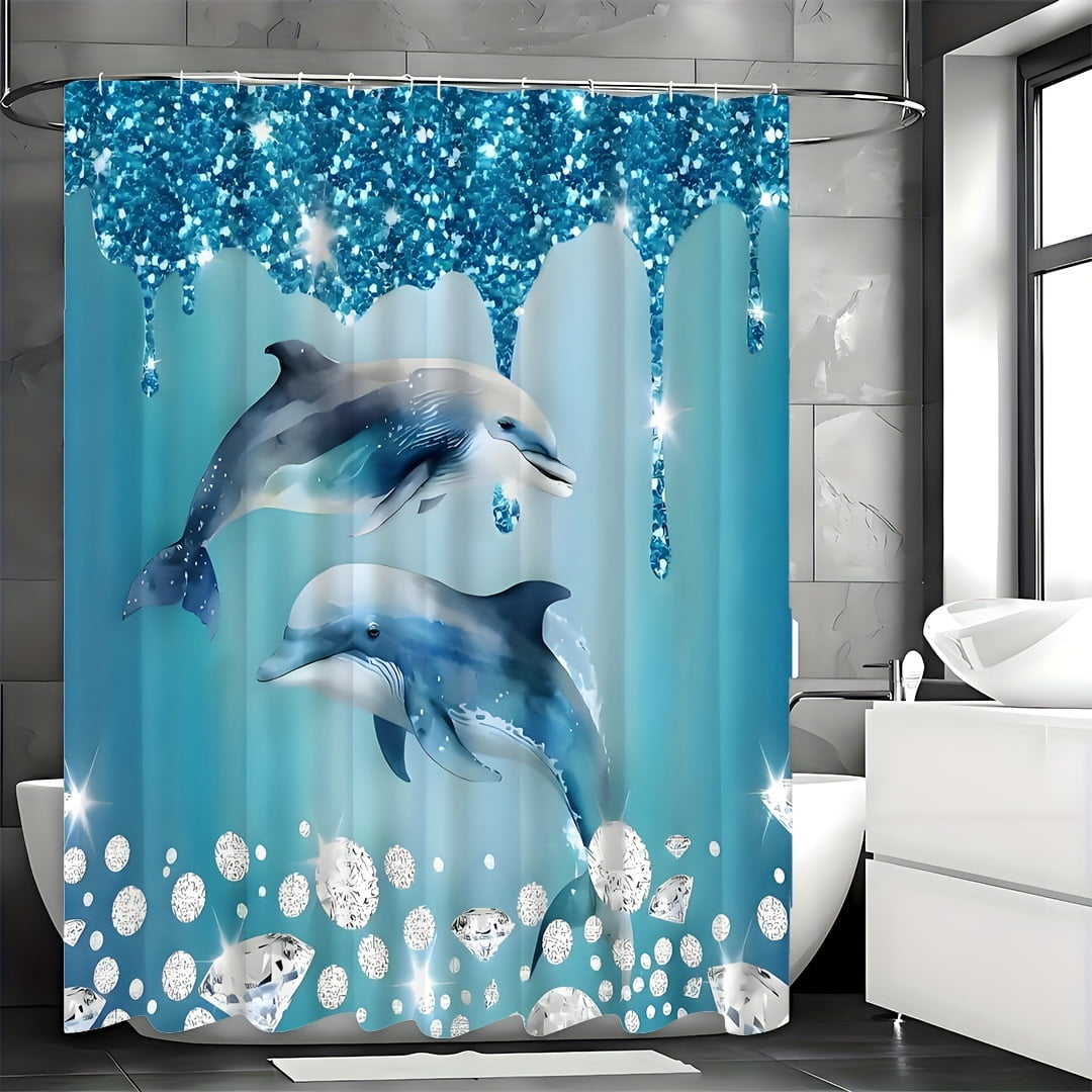 ENSHUI 1PC Blue Shower Curtain Set, Waterproof Diamonds and Dolphins ...