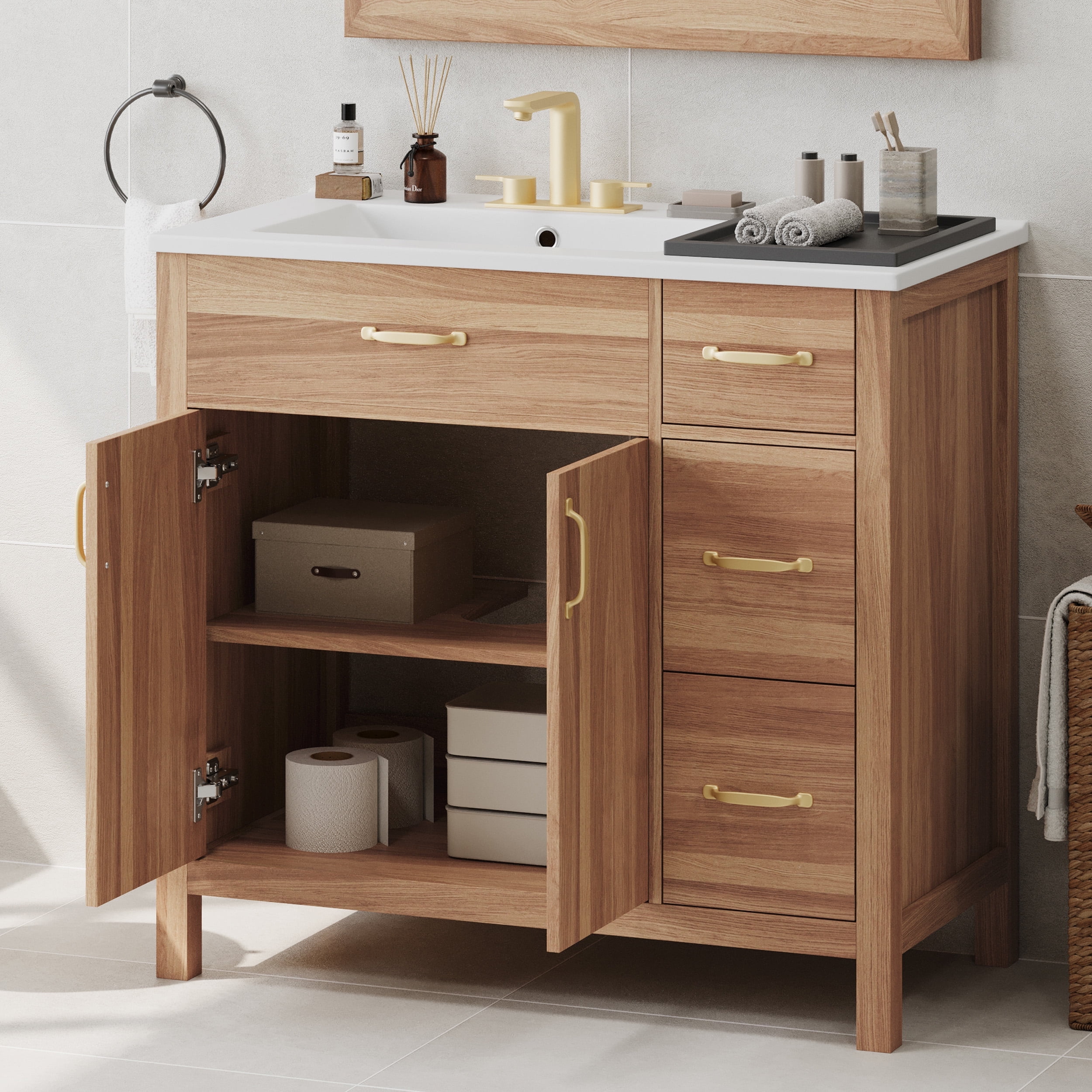 ENSHUI 36" Bathroom Vanity with Ceramic Sink, Modern Solid Wood Floor ...