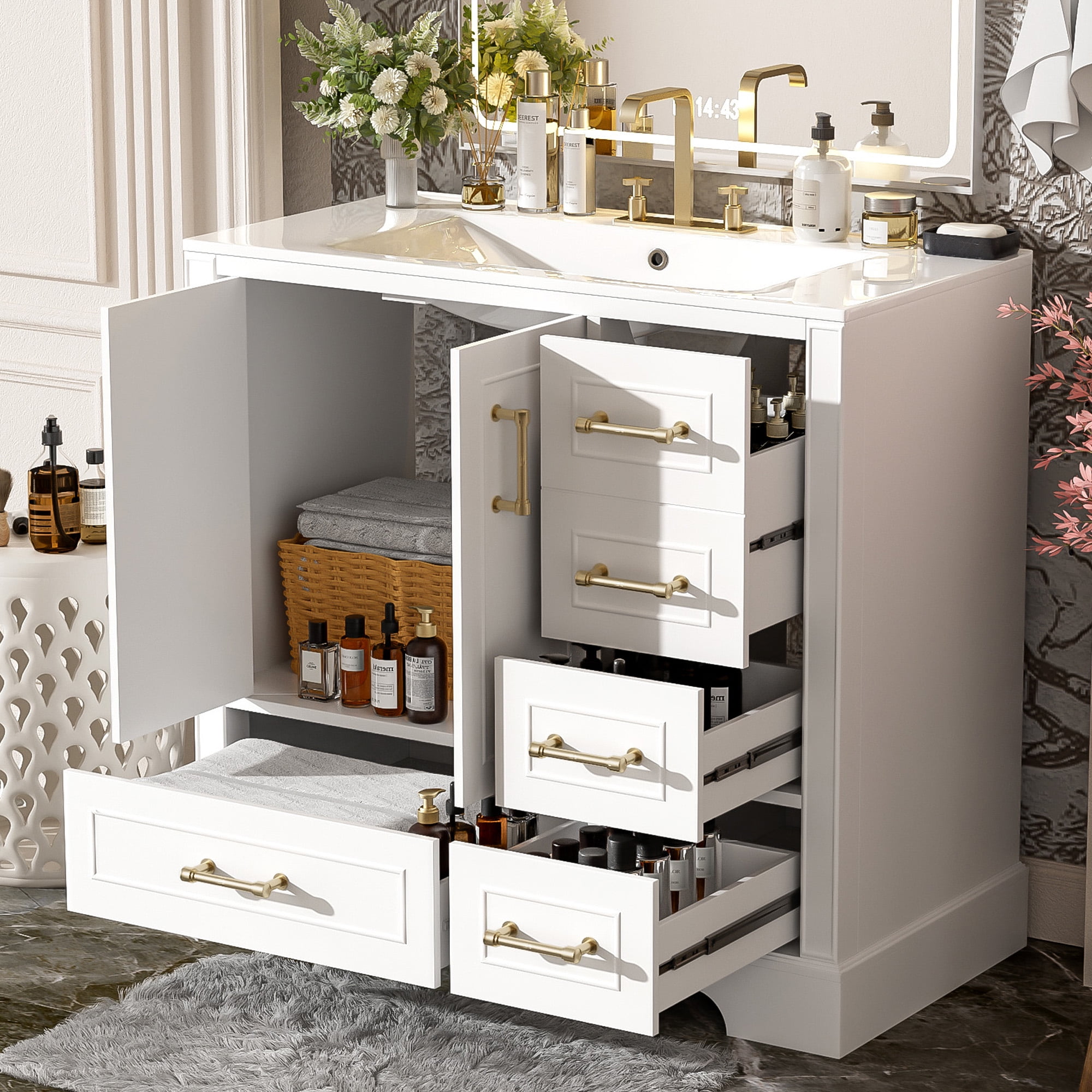 ENSHUI 36" Bathroom Vanity with Sink, Solid Wood Floor Standing ...