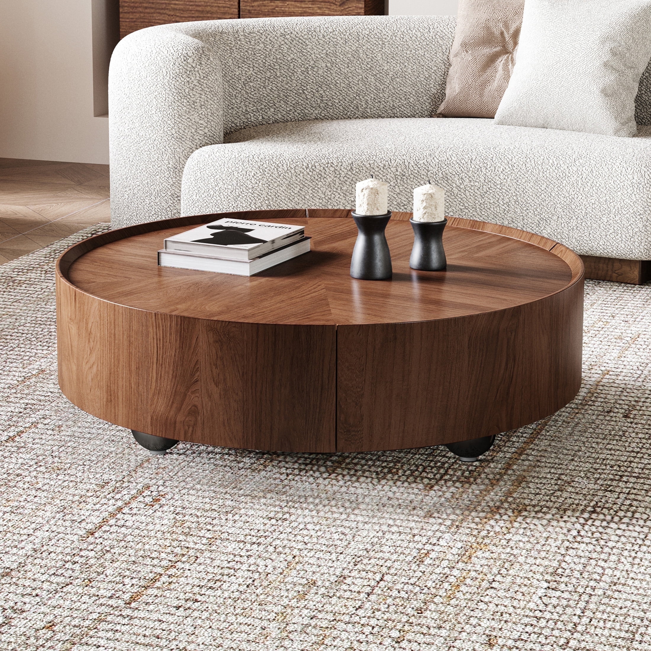 ENSHUI 39.4" Mid-Century Walnut Solid Wood Coffee Table with Storage ...