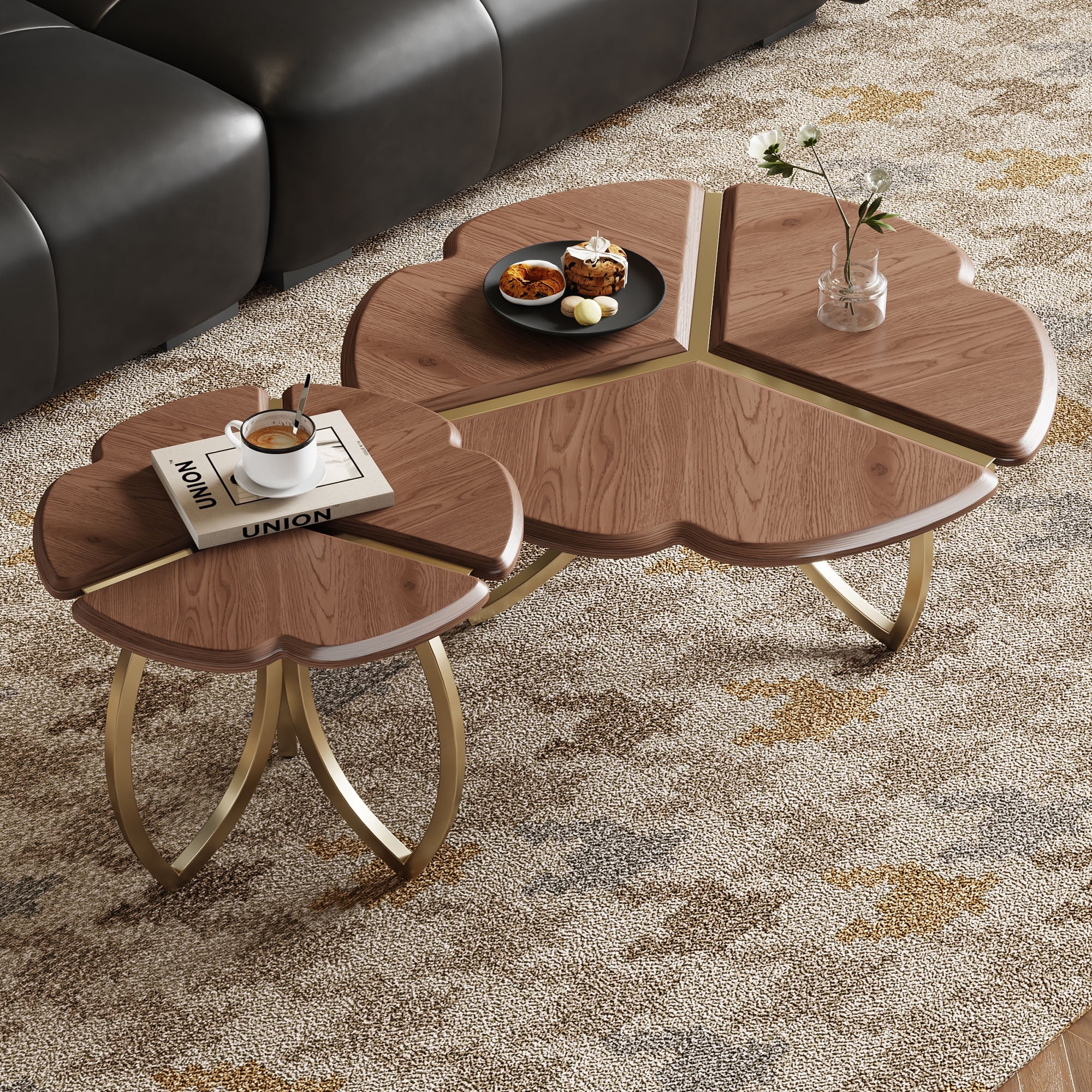 ENSHUI Walnut Nesting Coffee Table with Golden Stainless Steel Base ...