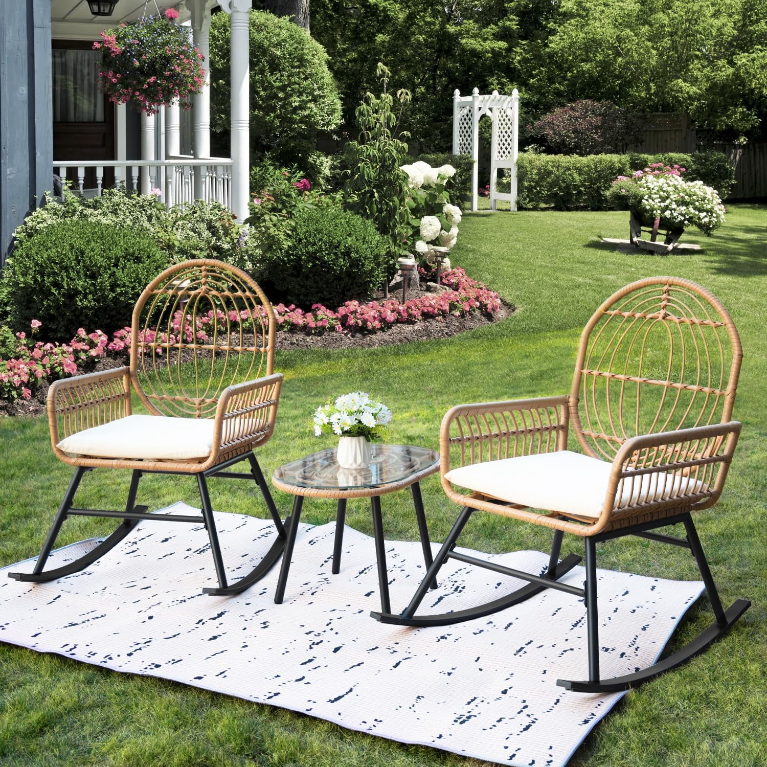 ENSTVER 3 Pieces Patio Rocking Chairs Set, PE Wicker Boho Patio ...