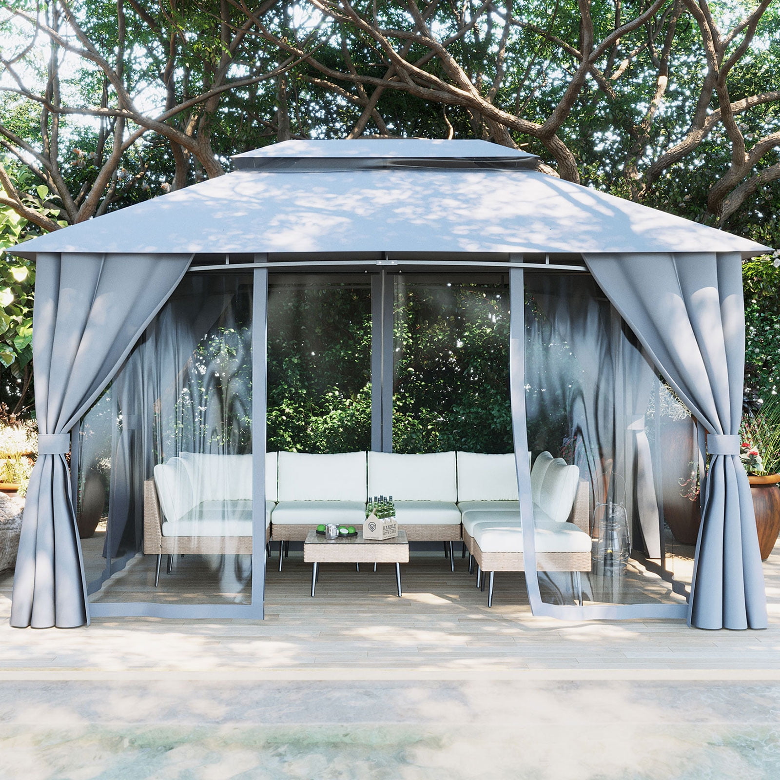 ENSTVER Gazebo 10x13 with Mosquito Netting & Privacy Screens. Double ...