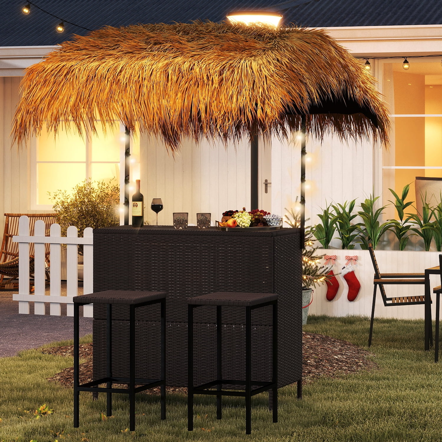 ENSTVER Outdoor Tiki Bar Set, 3 Pieces Wicker Patio Bar Set with Height ...