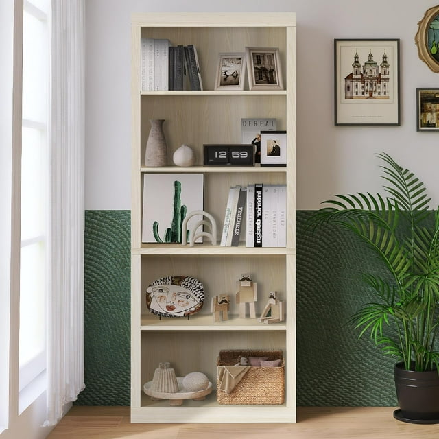 ENSTVER Wood 5-Shelf Bookcase with Adjustable Shelves, White Wood Grain ...