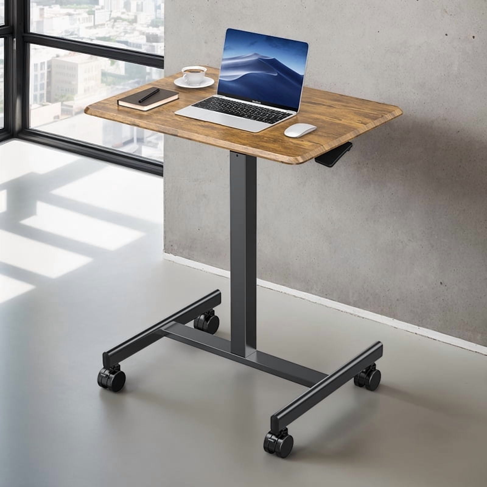 ENYLAY Antique wood colored pneumatic lift desk with lockable wheels ...