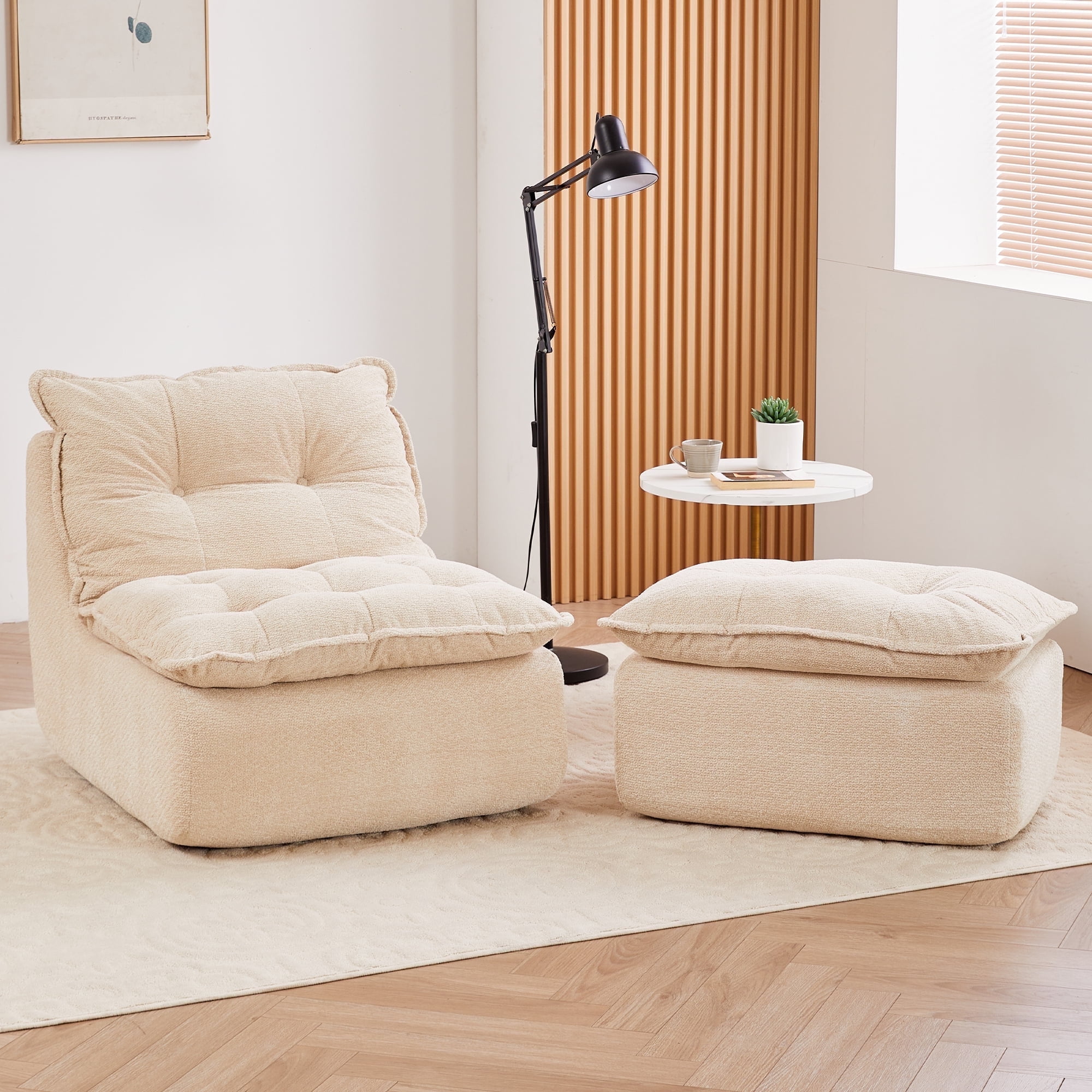 ENYLAY Beige Plush Sofa and Footstool Set Comfy Modern for Living Room ...