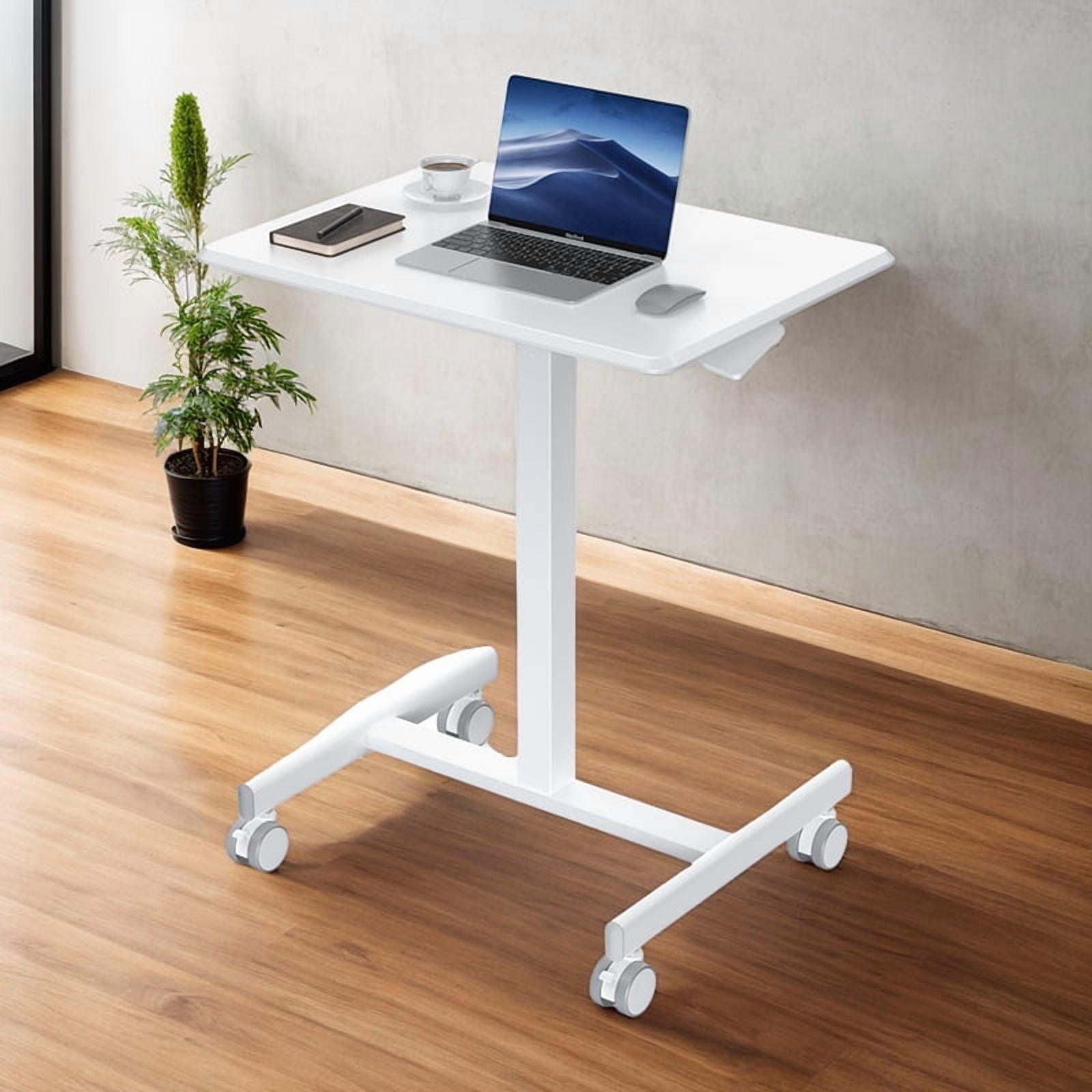 ENYLAY white colored pneumatic lift desk with lockable wheels and ...
