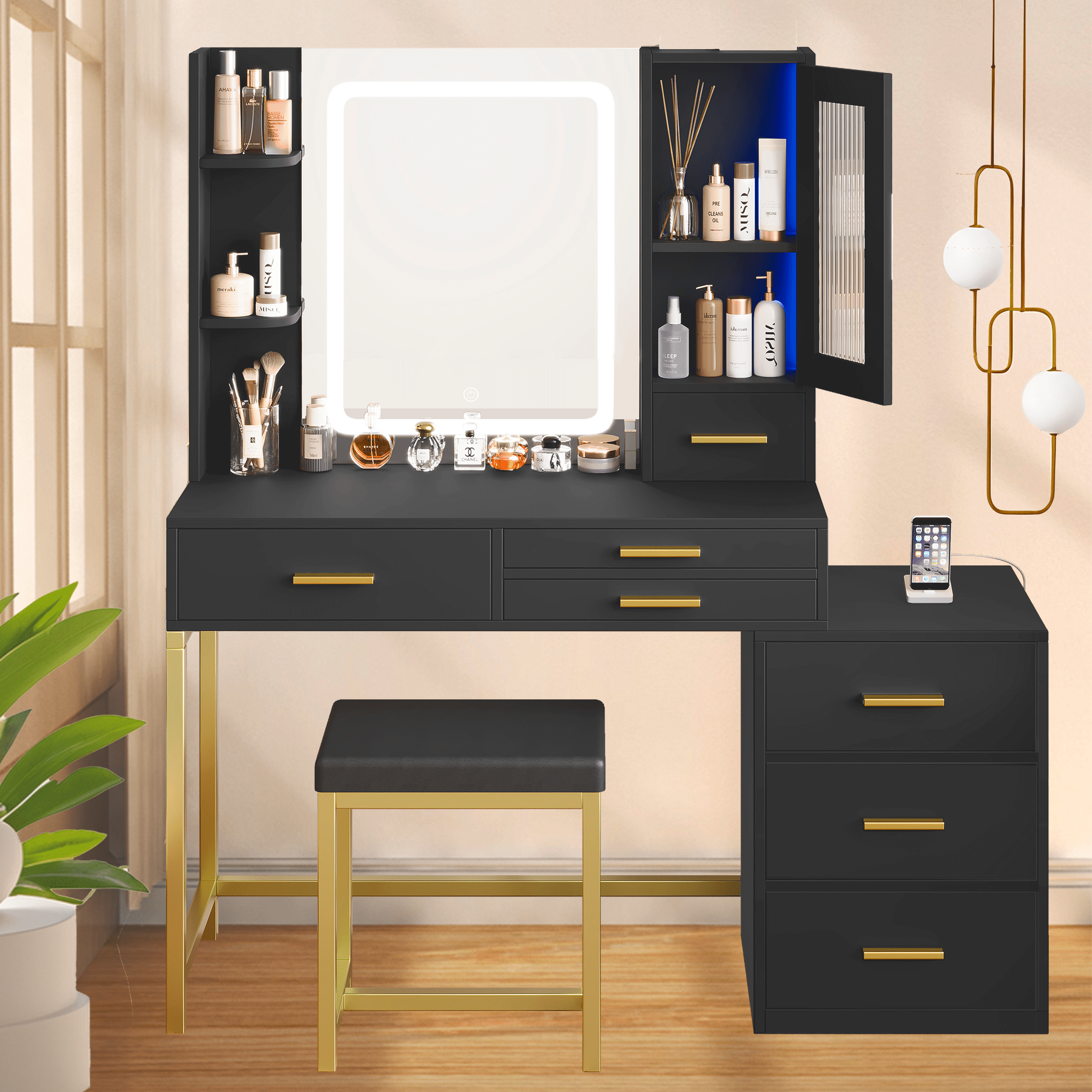 SESSLIFE Black Vanity Set with Mirror and LED Storage Cabinet, Makeup ...