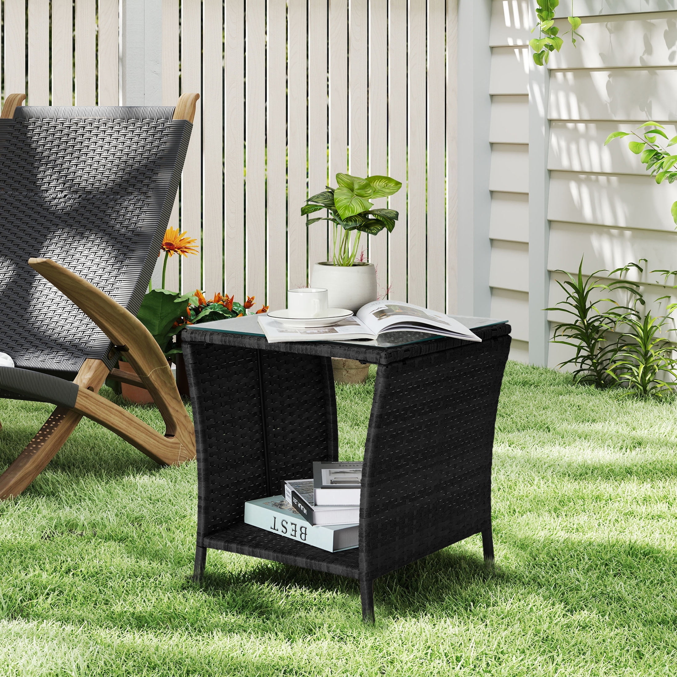 "ENYOPRO Outdoor PE Rattan Side Table, Weather Resistant Wicker End ...
