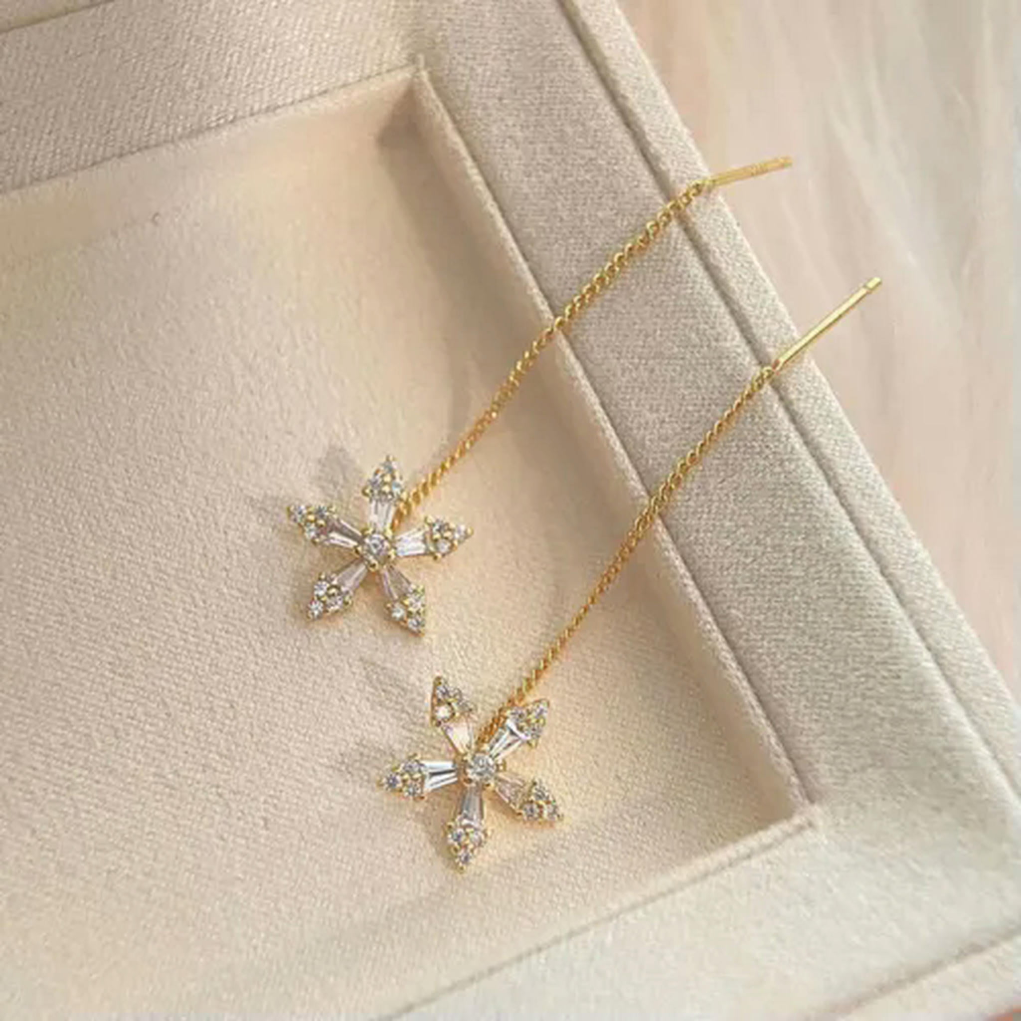 EOEMY 18K Gold Plated Long Flower Crystal Threader Tassel Earrings ...