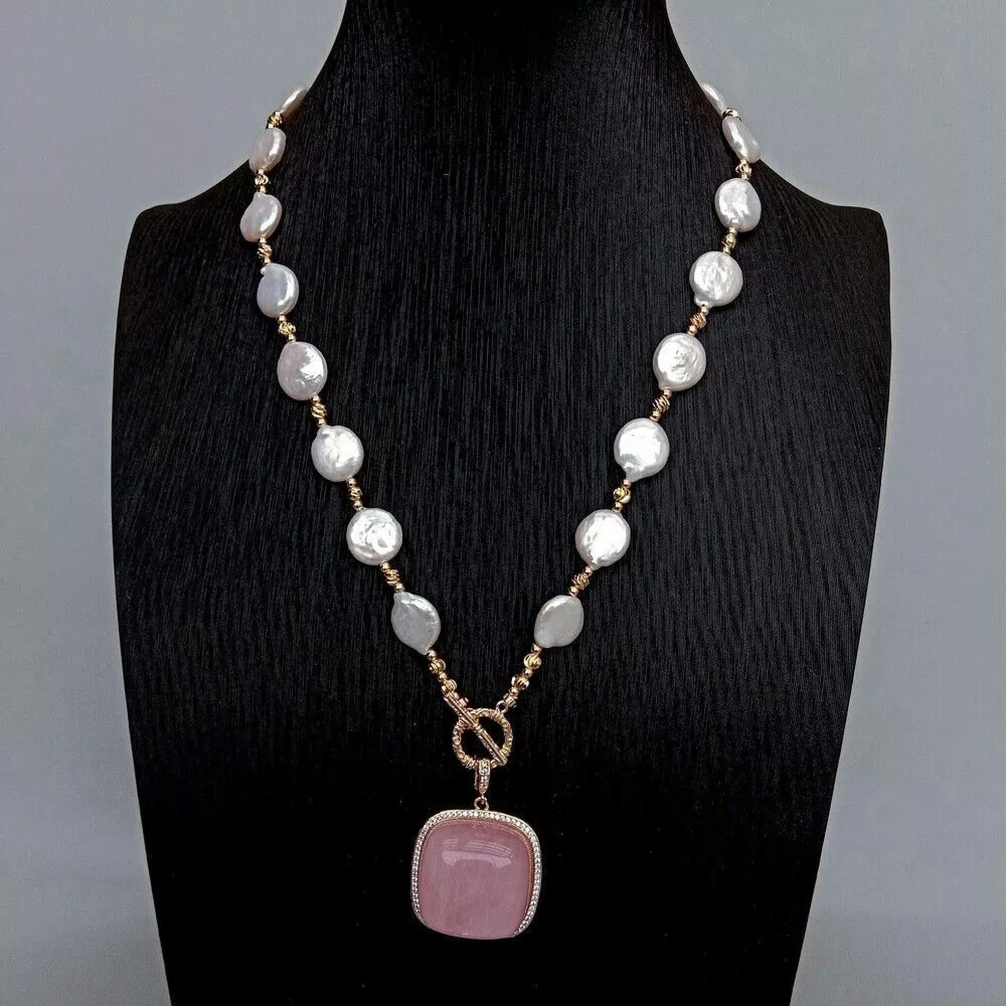 EOEMY 19.5" Cultured White Coin Pearl Necklace Rose Quartz Cz Pave ...
