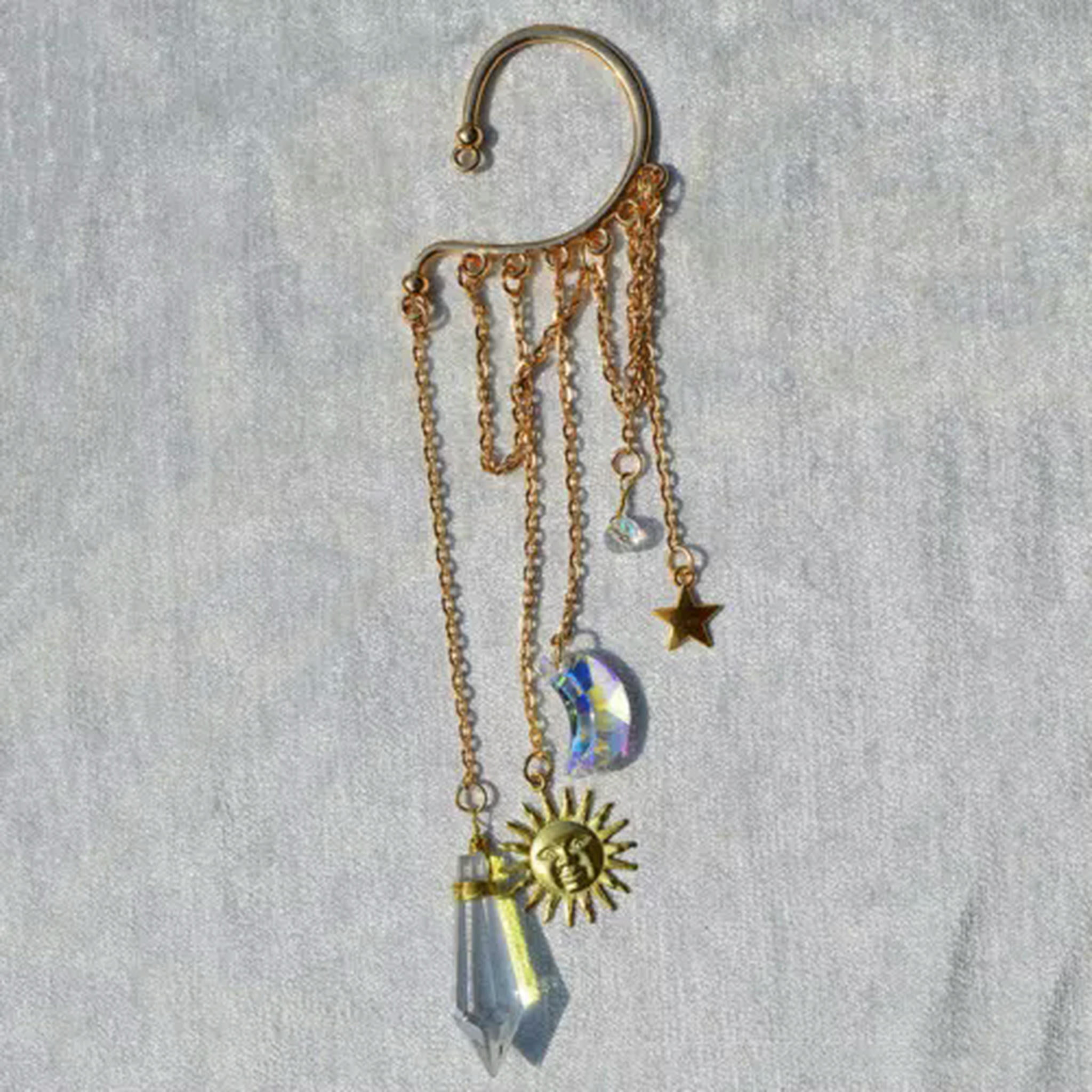 EOEMY 1Pcs Rainbow Aura Crystal Star Moon Drop Dangle Earrings No-Pierced Ear Hook-18-Sun Star ...