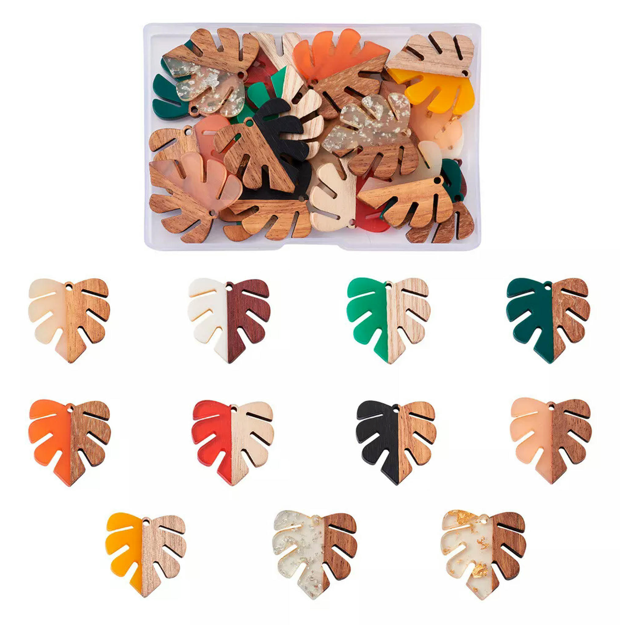 EOEMY 22Pcs 11 Colors Two Tone Resin Walnut Wood Monstera Leaf Pendants ...