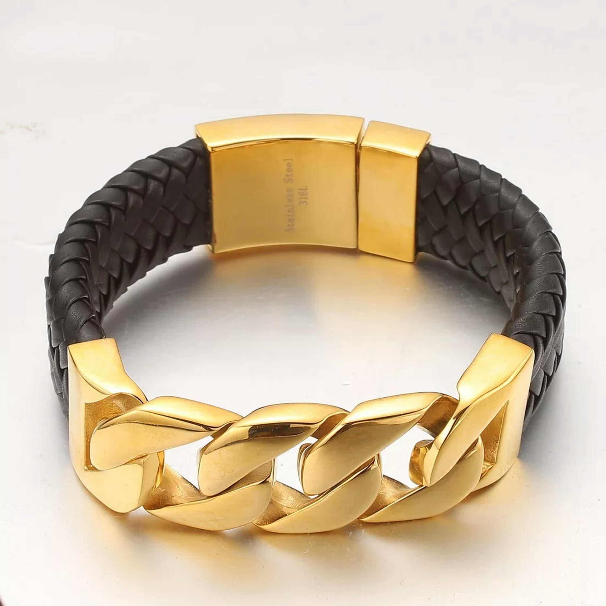 EOEMY 24mm 9" Braided Leather Gold Stainless Steel Cuban Chain Men'S ...