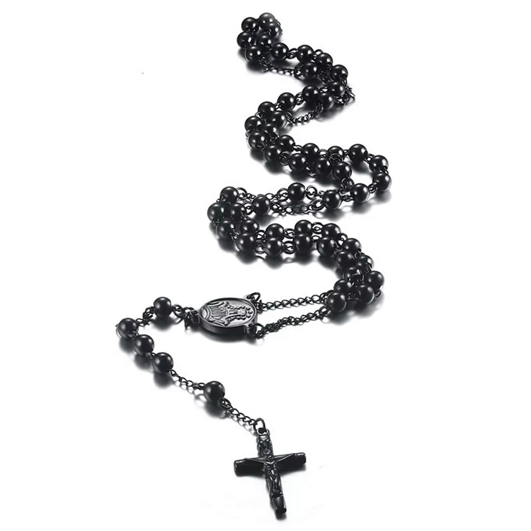 EOEMY 30+7"Stainless Steel Heavy 8mm Black Plated Beads Rosary Chain ...