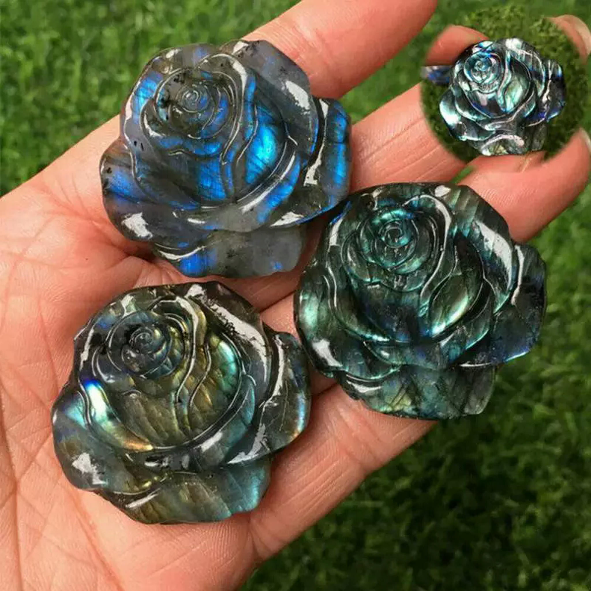 EOEMY 3Pcs Natural Crystal Hand Carved Labradorite Rose Flower Quartz ...