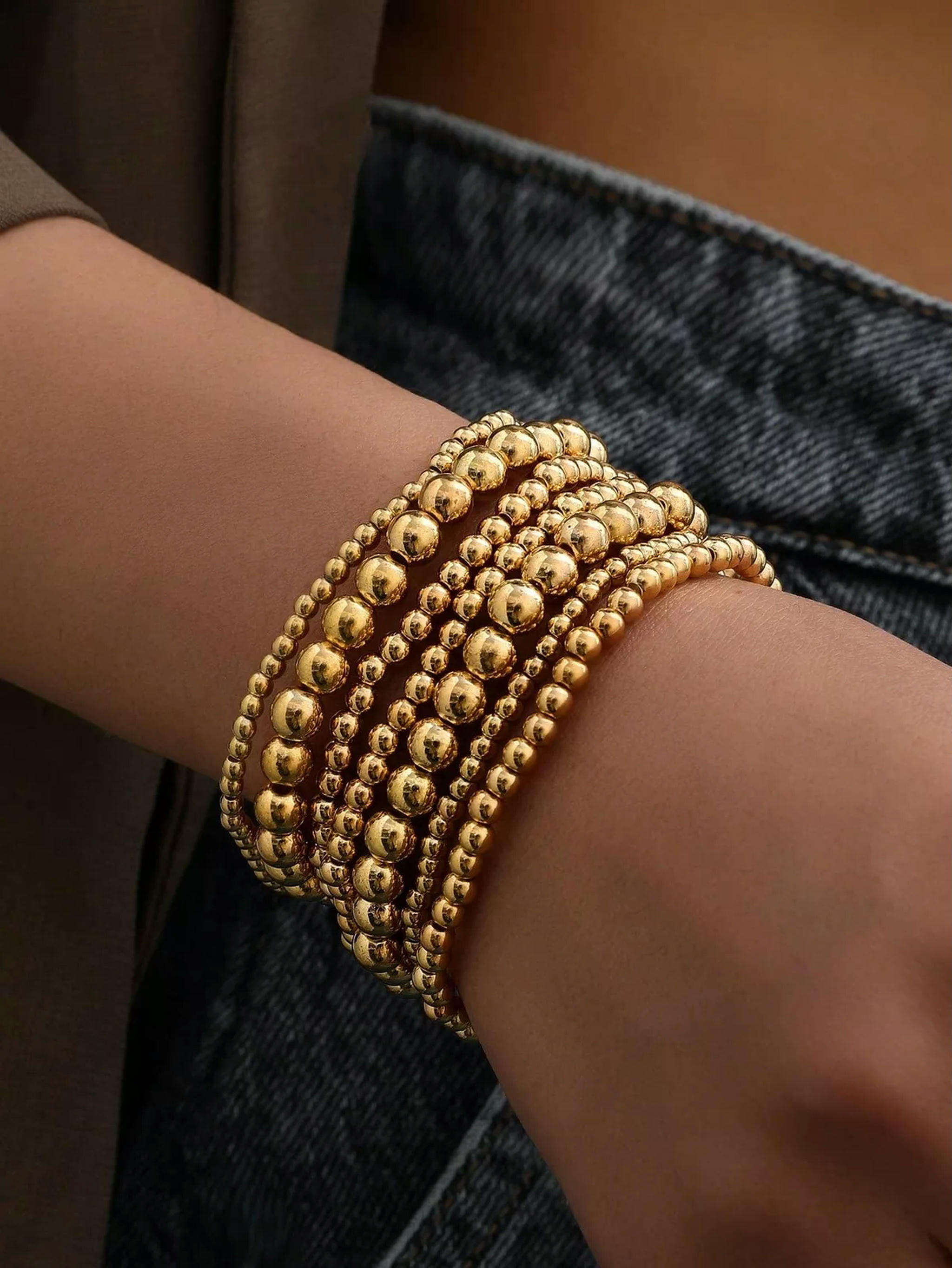 EOEMY 7Pcs/Set Gold-Tone Beaded Bracelets Set Creative Jewelry Stackable Bracelet-Default ...