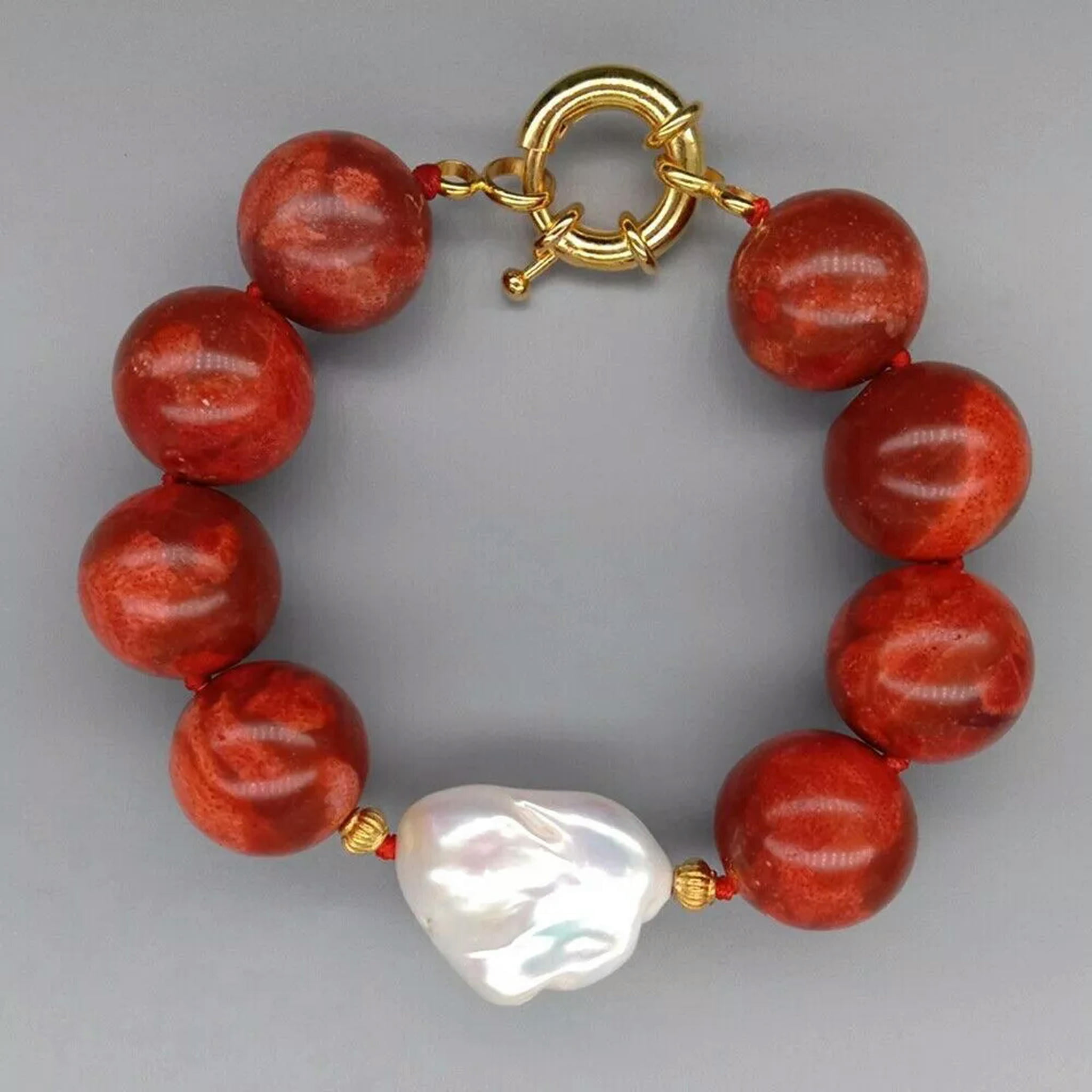 EOEMY 8" 18mm Red Sponge Coral White Kehsi Pearl Bracelet - Walmart.com
