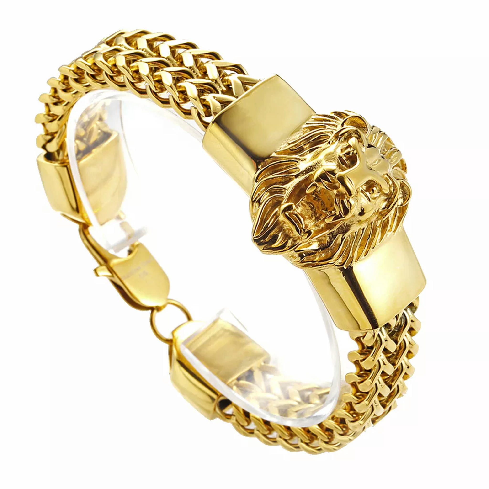 EOEMY 8.66" Cool Gold 316L Stainless Steel Lion Head Franco Cuban Chain Mens Bracelet-Default ...